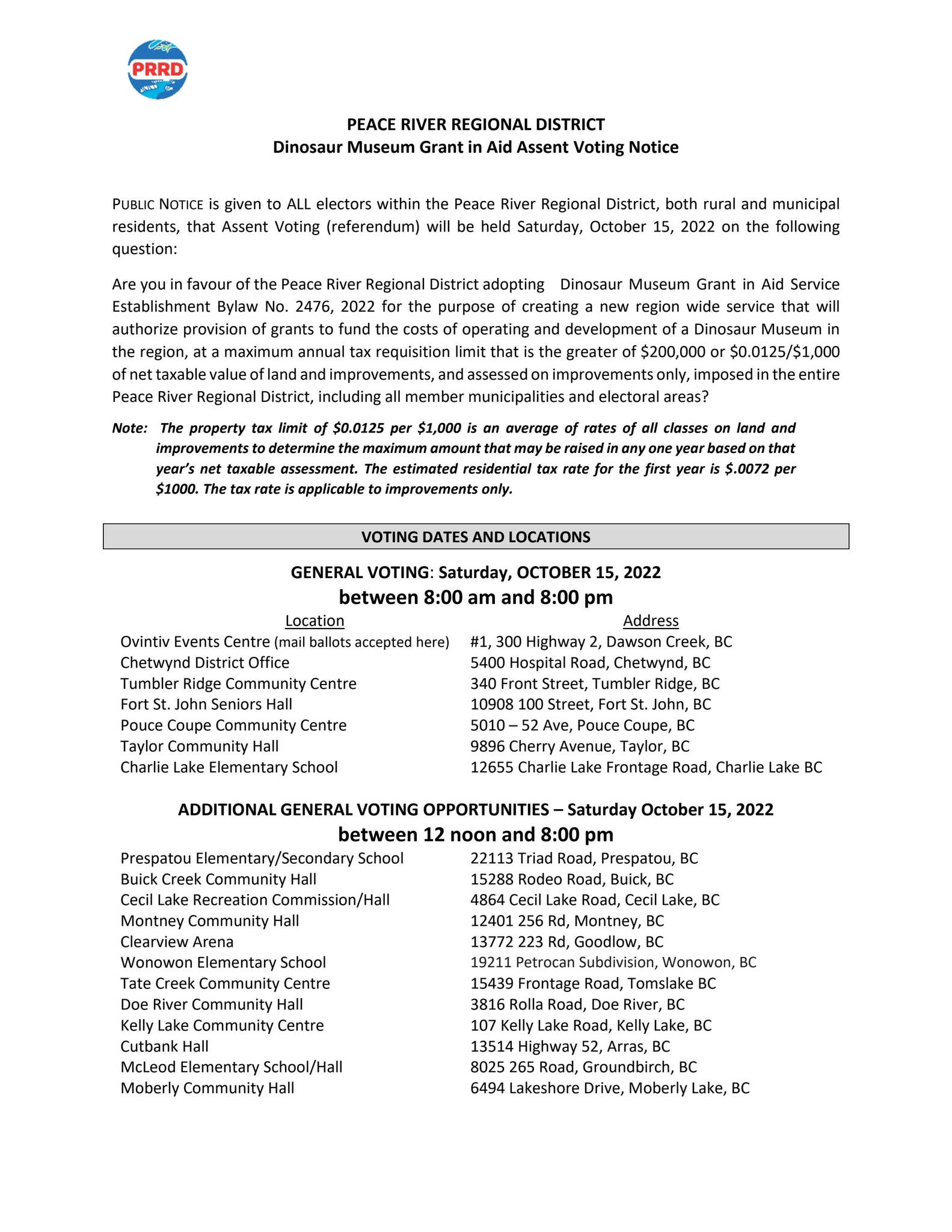 Notice of Assent Voting: Dinosaur Museum Grant in Aid by PRRDOfficial ...
