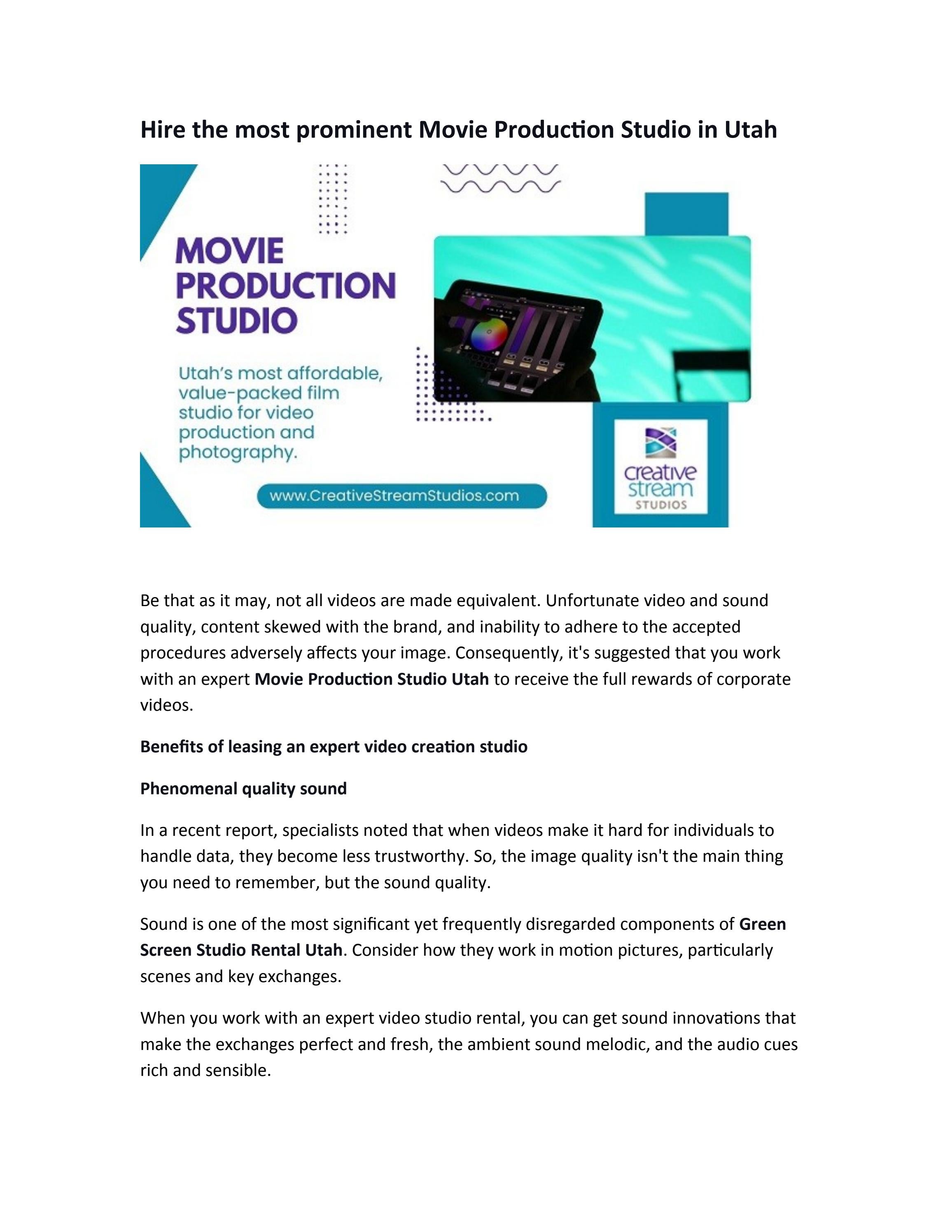 Hire the most prominent Movie Production Studio in Utah by ...