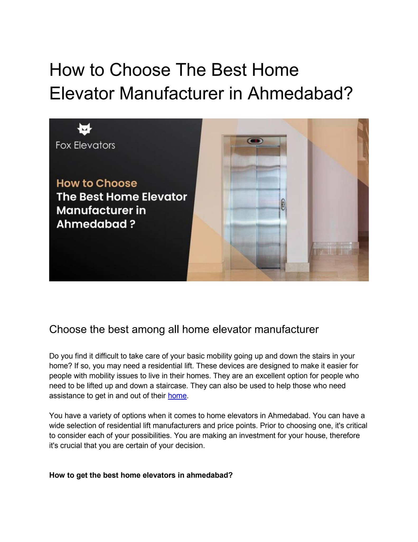 How to Choose The Best Home Elevators Manufactures in Ahmedabad by Fox ...