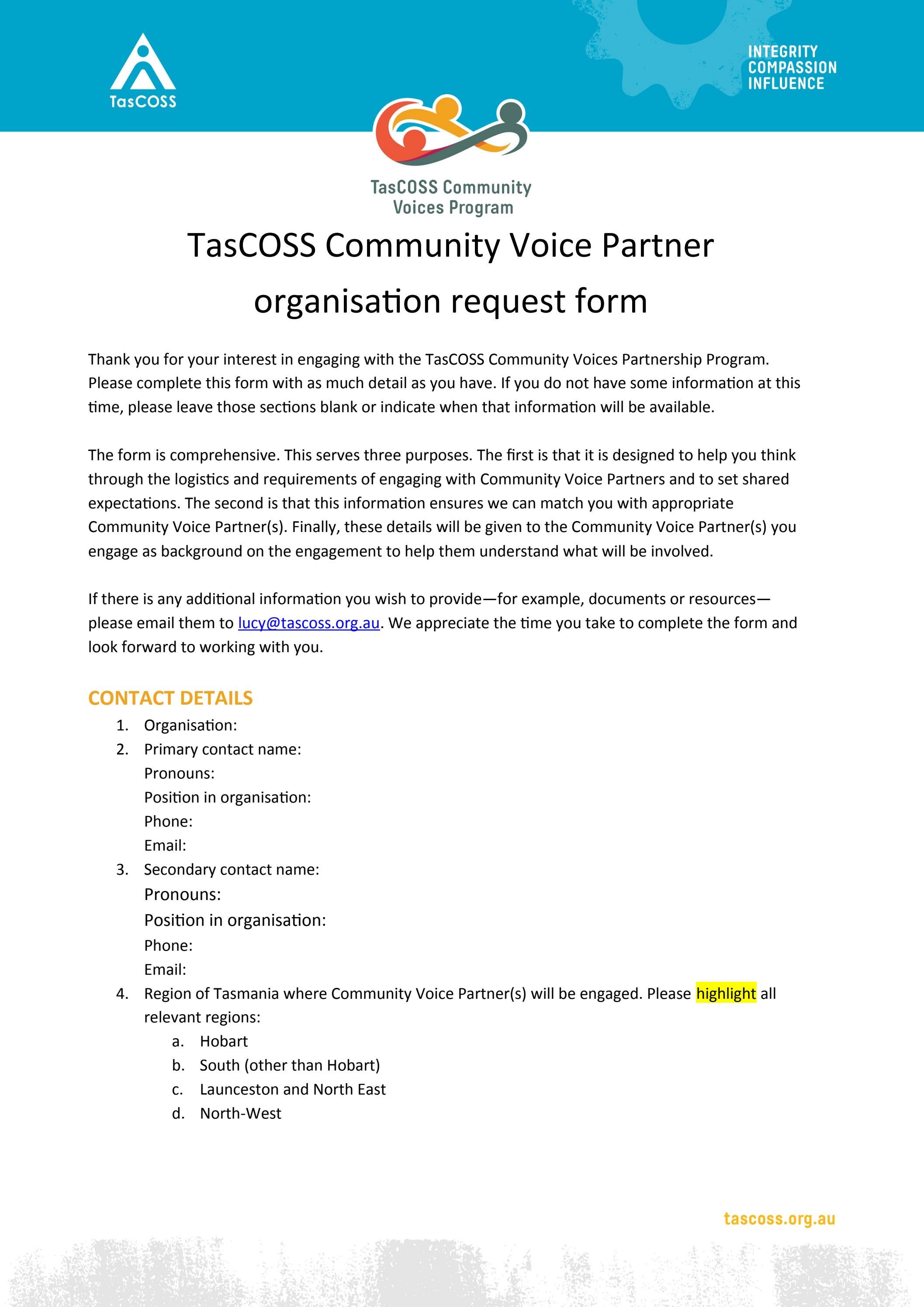 TasCOSS Community Voice Program request form by Tasmanian Council of ...