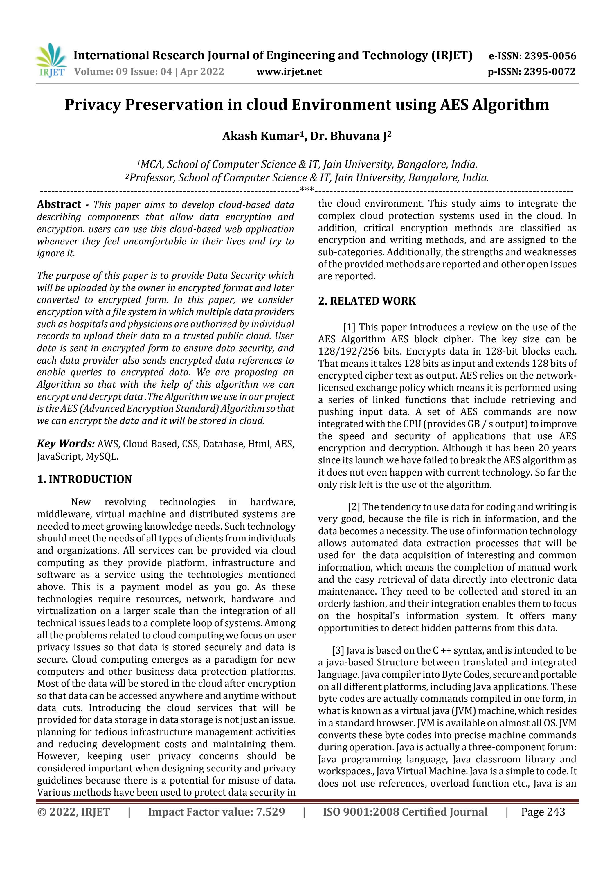 Privacy Preservation in cloud Environment using AES Algorithm by IRJET ...