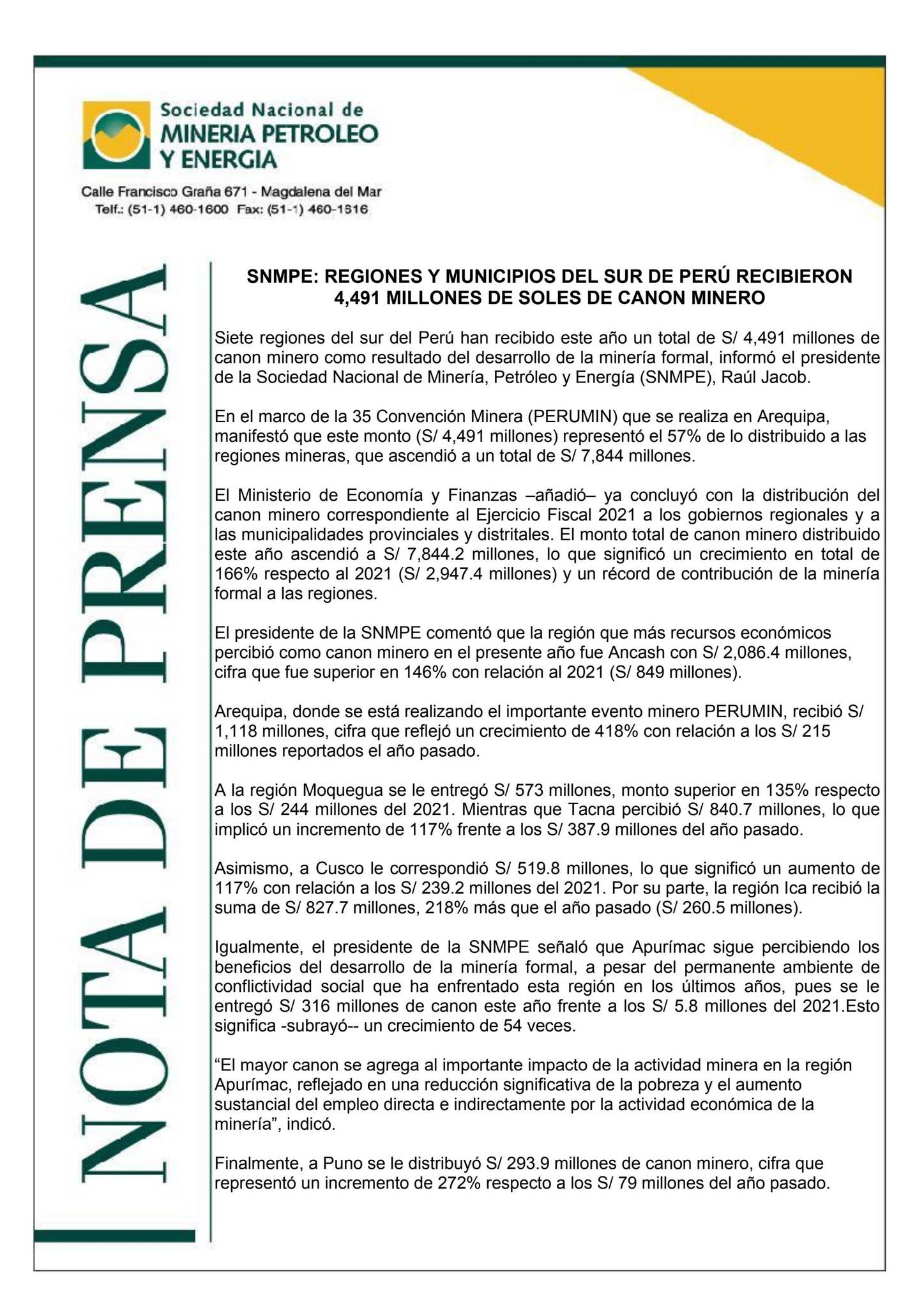 SNMPE: REGIONES Y MUNICIPIOS DEL SUR DE PERÚ RECIBIERON 4,491 MILLONES ...