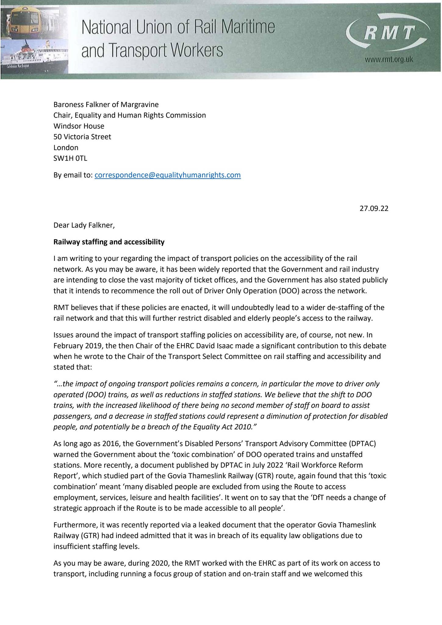 RMT letter to EHRC by RMT Union - Issuu