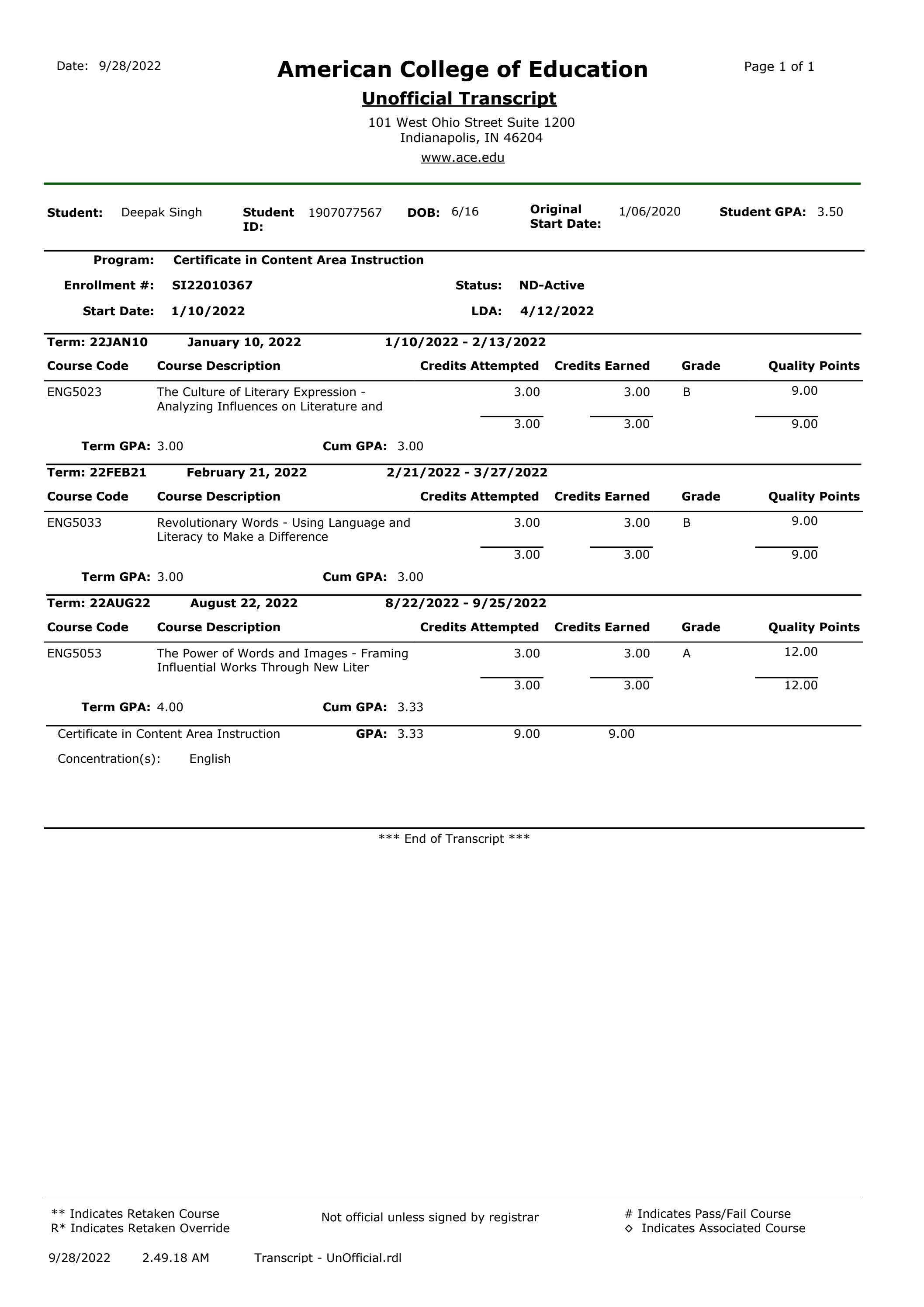 American College of Education Transcript of Deepak Danny Singh ...