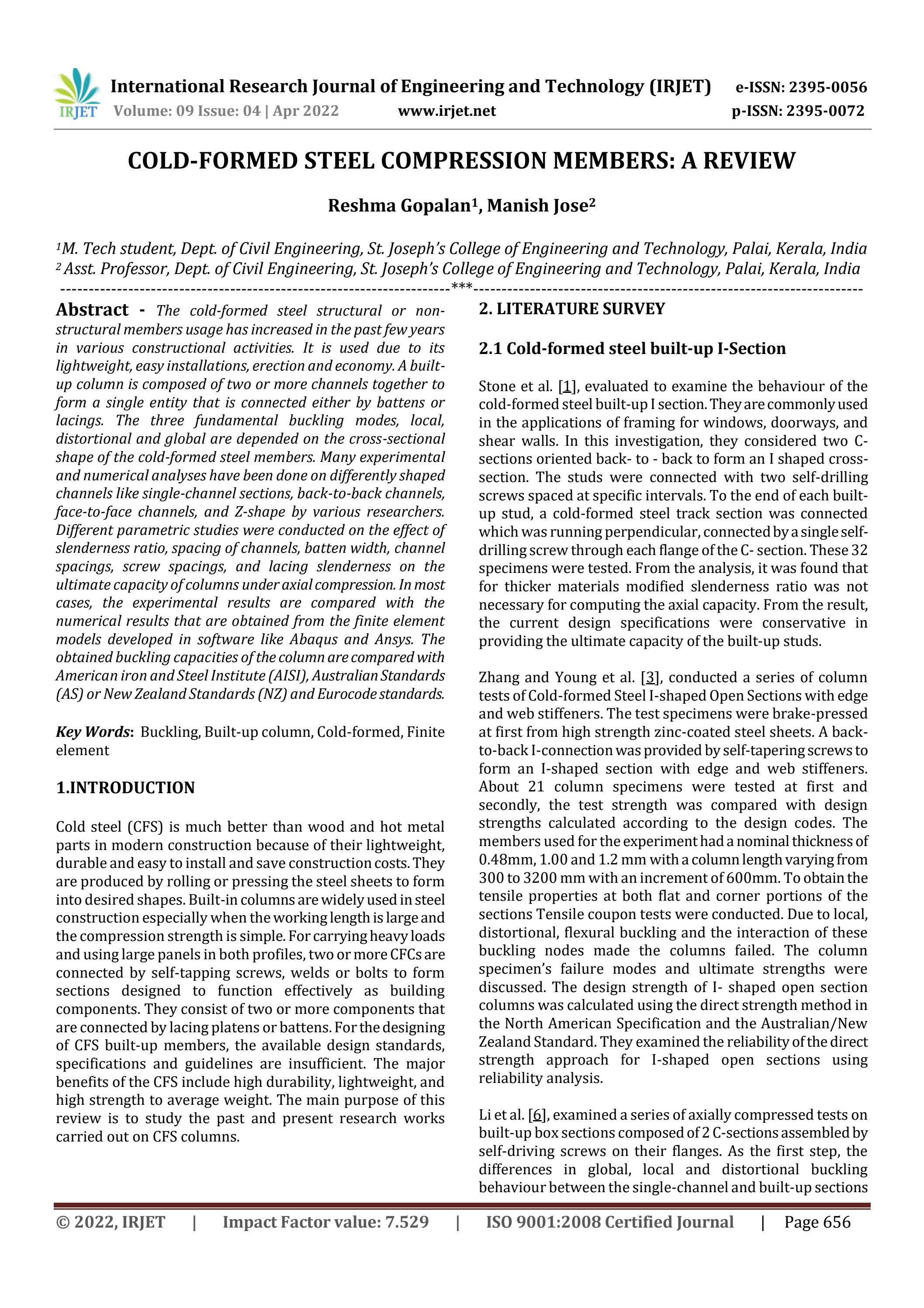 COLD-FORMED STEEL COMPRESSION MEMBERS: A REVIEW by IRJET Journal - Issuu