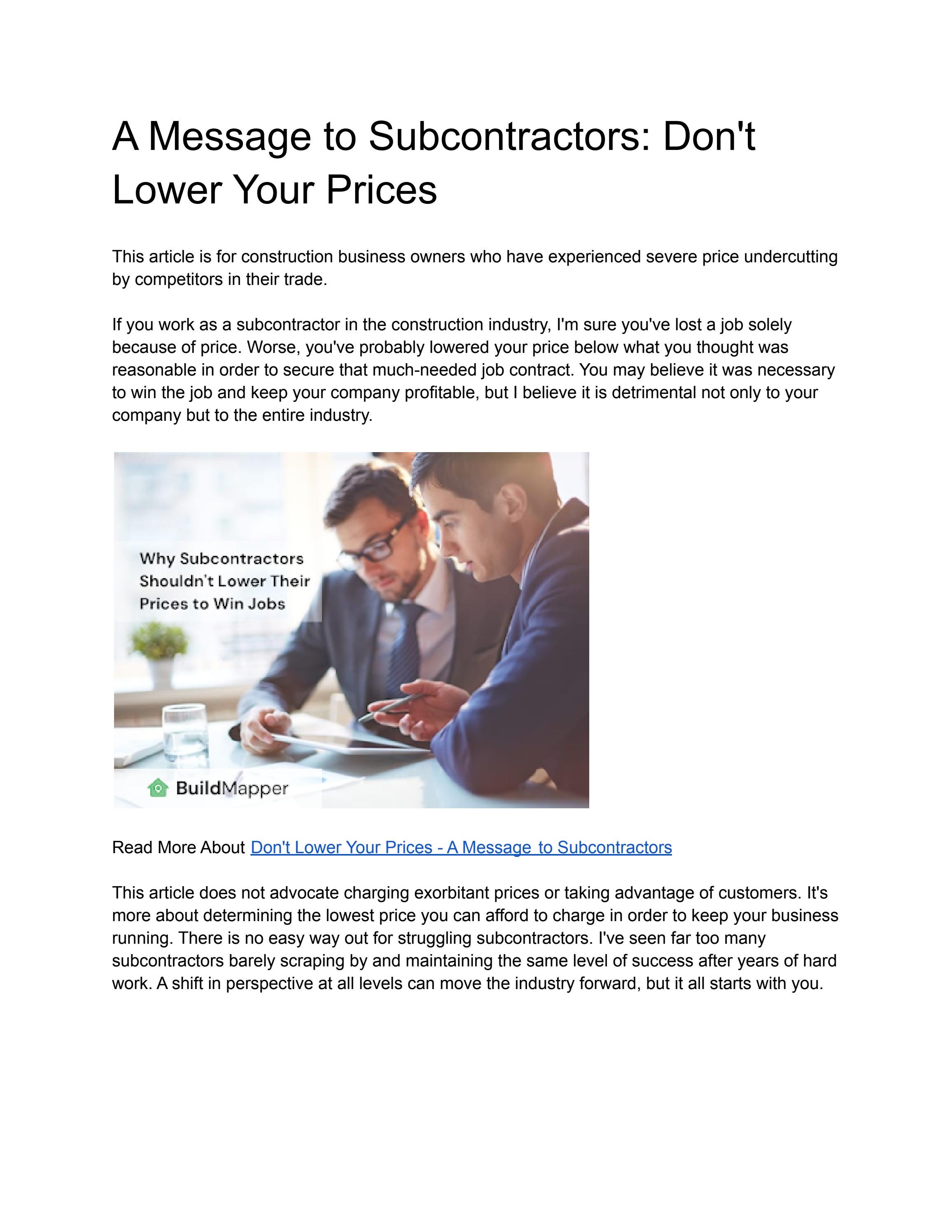 A Message to Subcontractors: Don't Lower Your Prices by Buildmapper - Issuu
