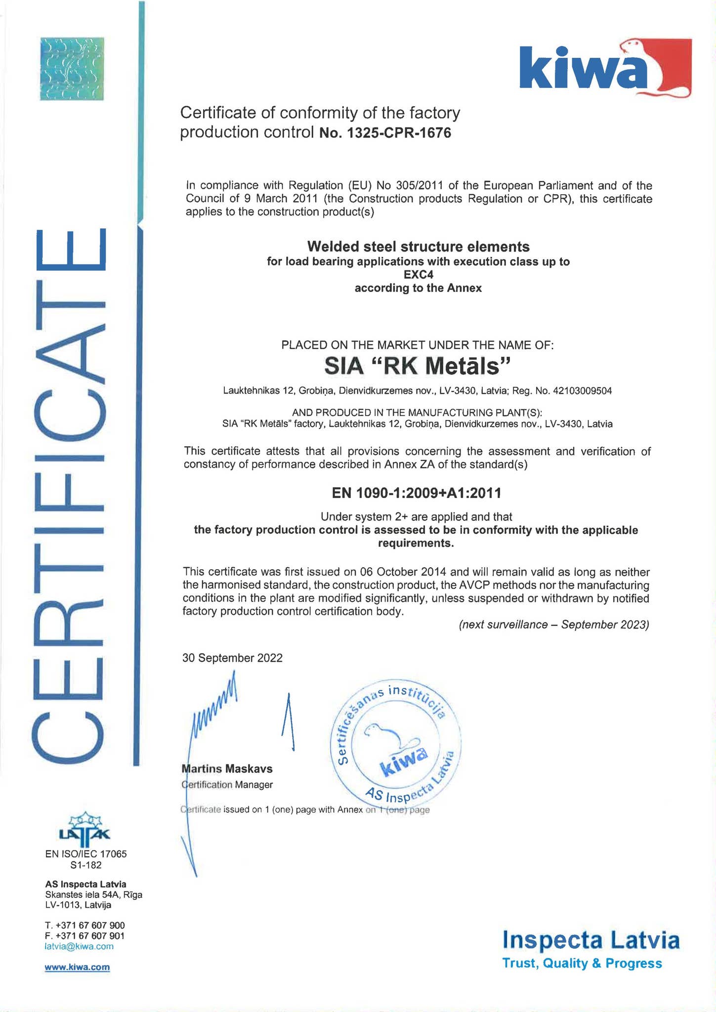 Factory production control certificate: Welded steel structure elements ...