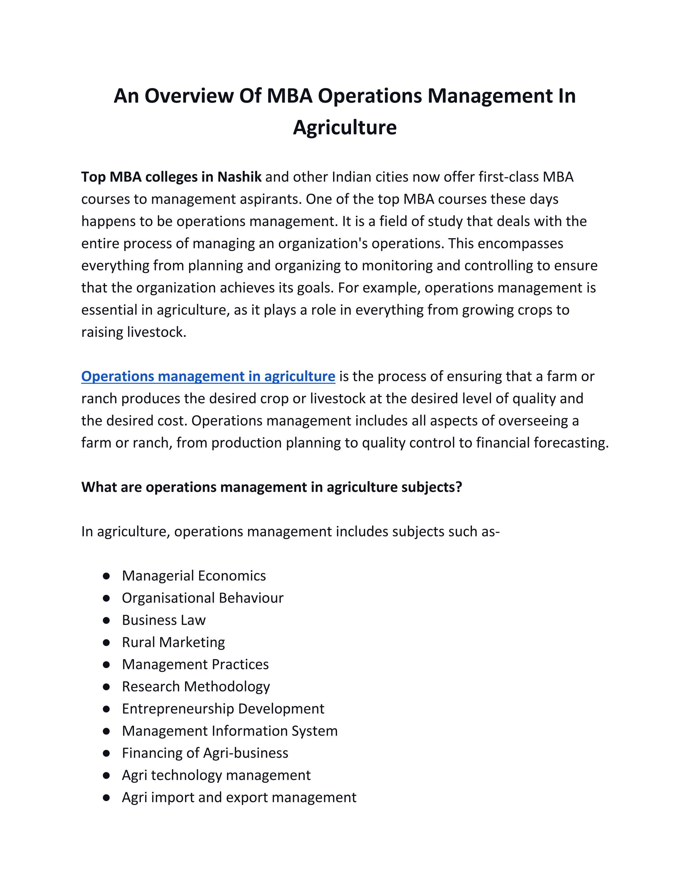 An Overview Of MBA Operations Management In Agriculture by SIOM Nashik ...