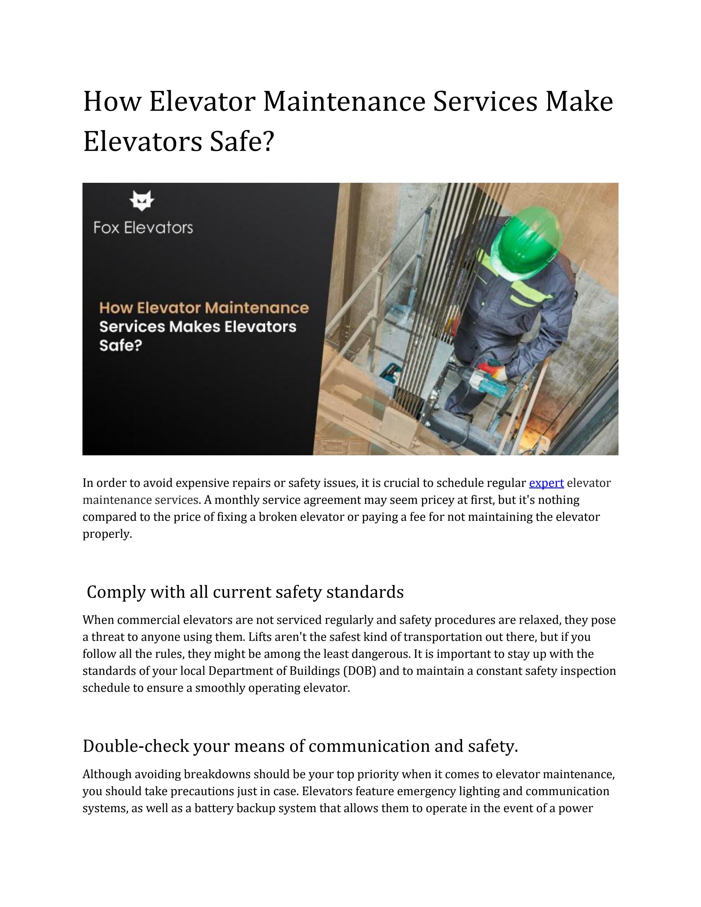 How Elevator Maintenance Services Makes Elevators Safe? by Fox Elevators - Issuu