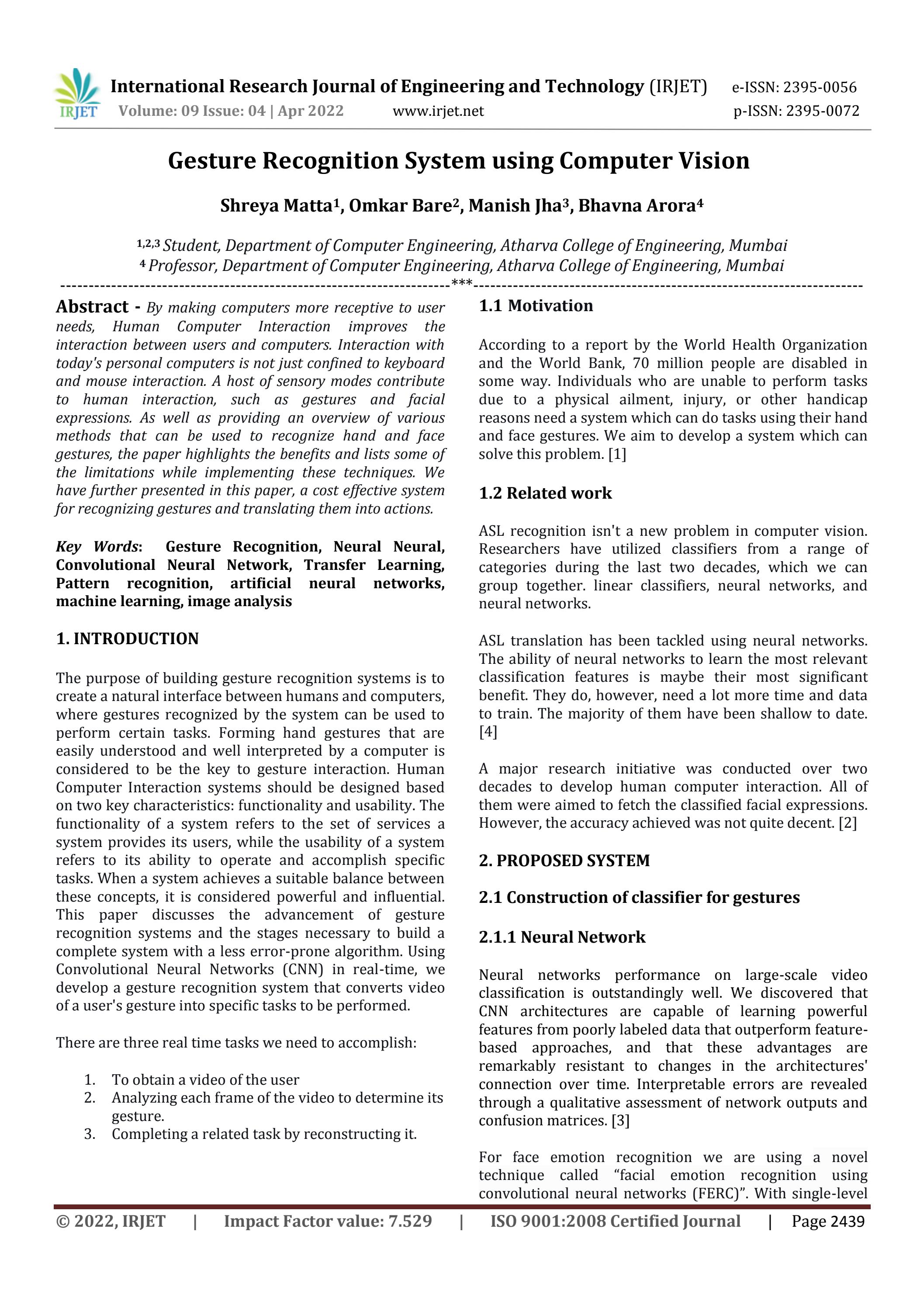 Gesture Recognition System using Computer Vision by IRJET Journal - Issuu