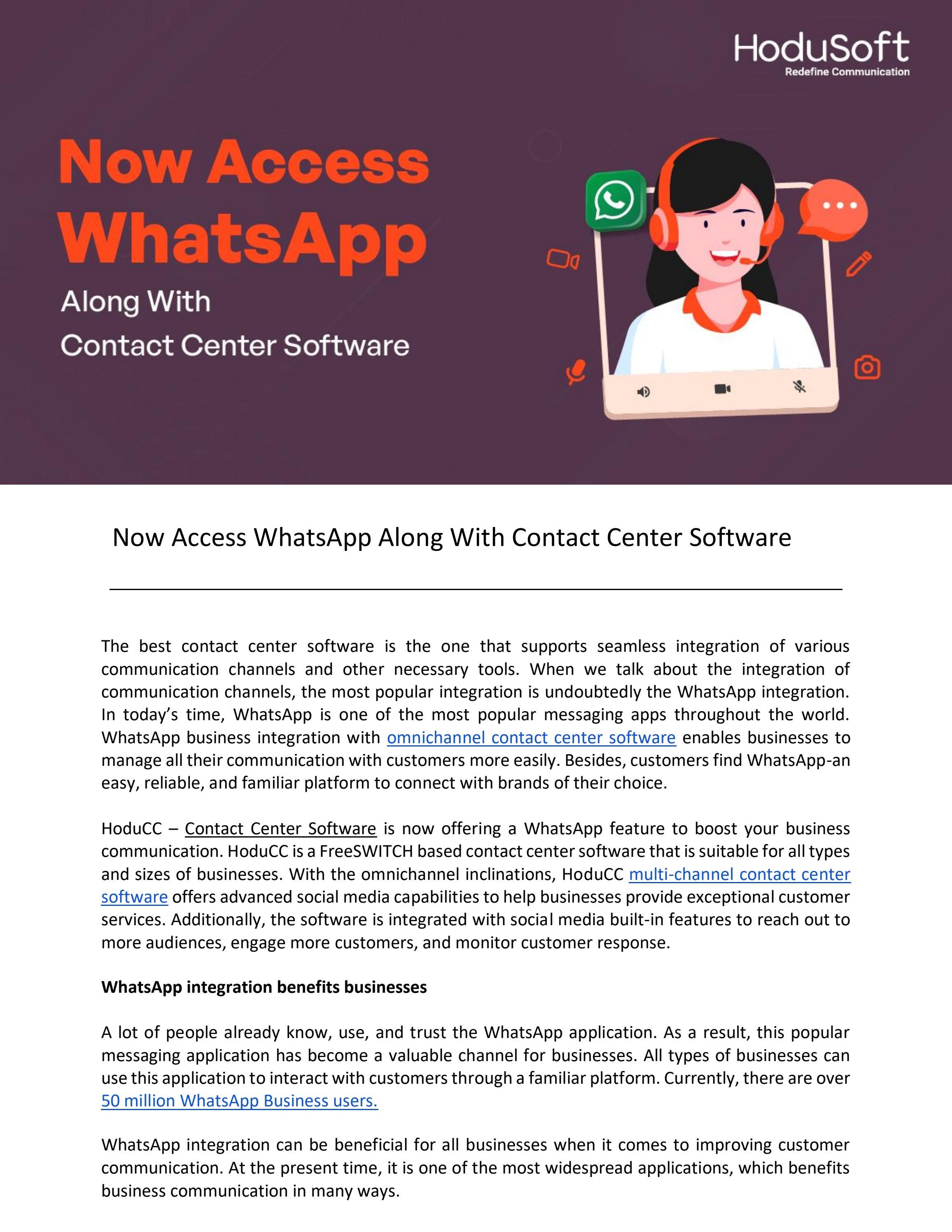 Now Access WhatsApp Along With Contact Center Software by HoduSoft Pvt ...