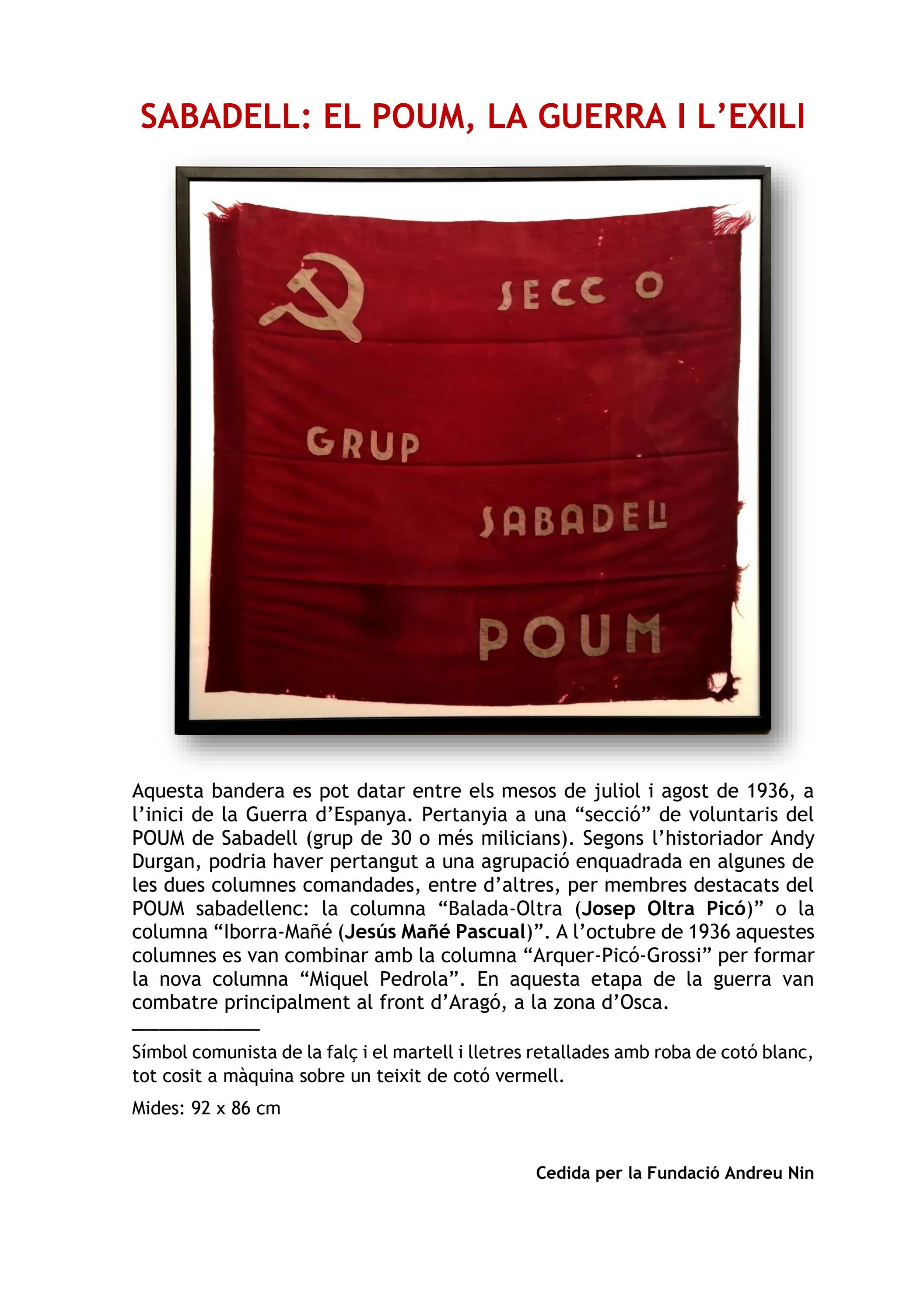 Exposició “La bandera miliciana del POUM de Sabadell (juliol-agost de ...