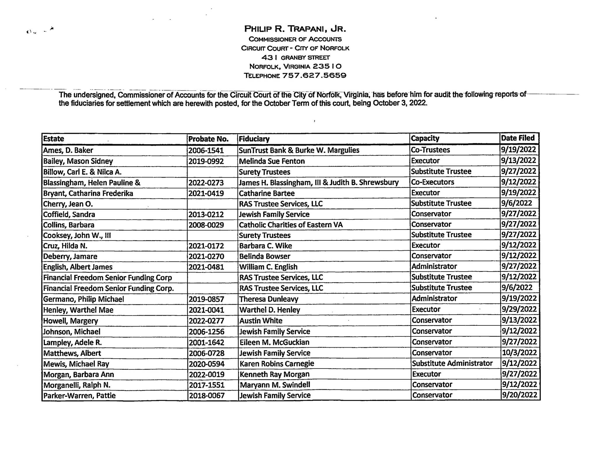 PHILIP R. TRAPANI JR. COMMISSIONER OF ACCOUNTS/FIDUCIARY LSIT by ...