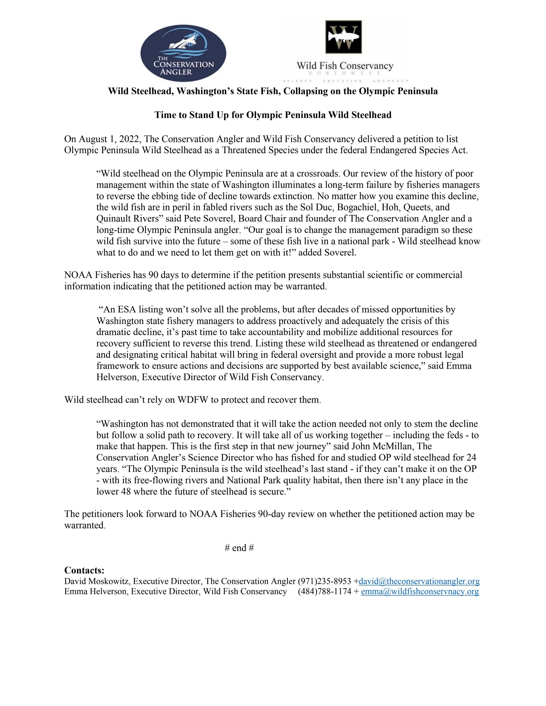 TCA WFC OP Steelhead ESA Petition Statement by The Conservation Angler ...