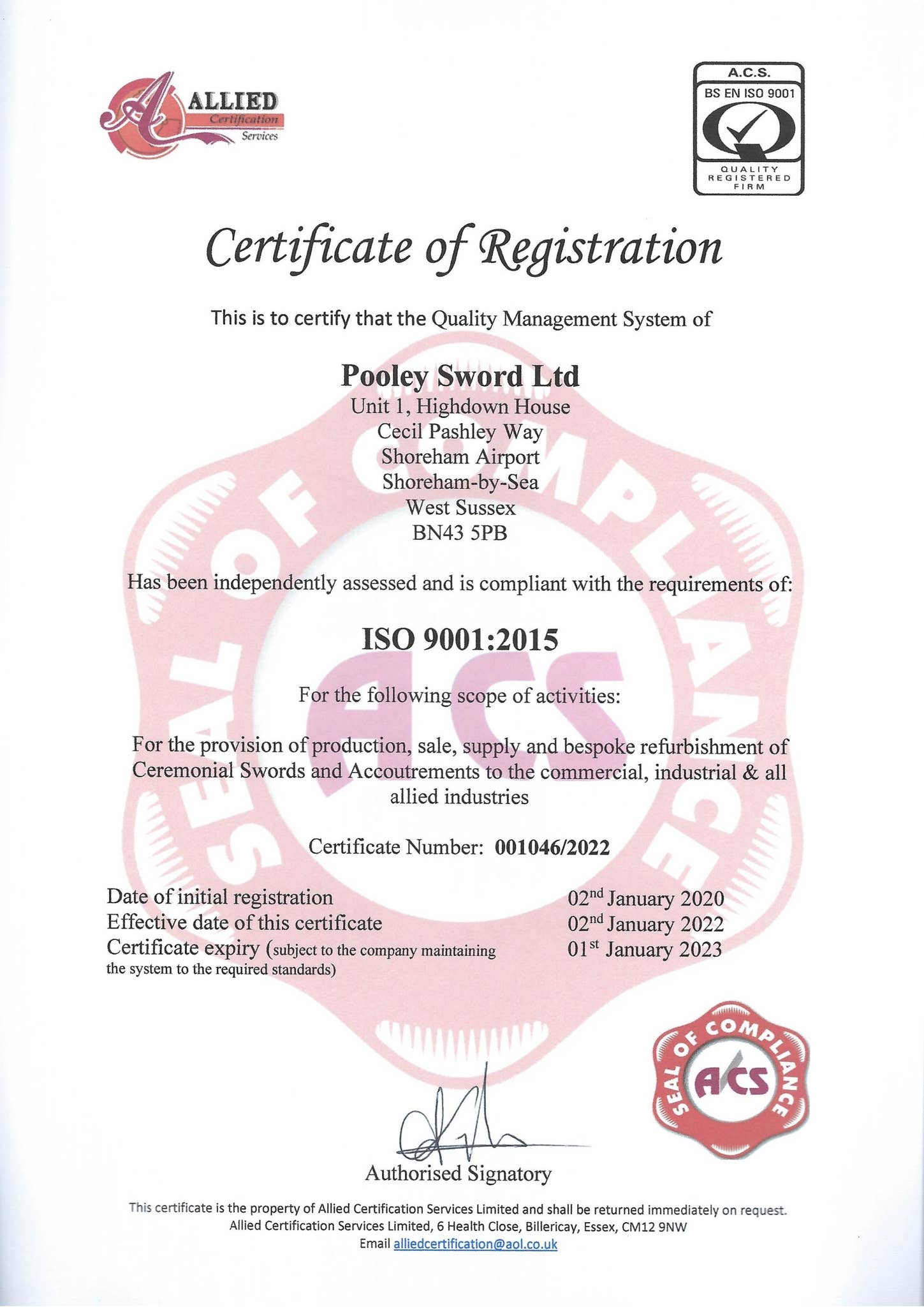 Allied Certification Services, Certificates of Registration ...