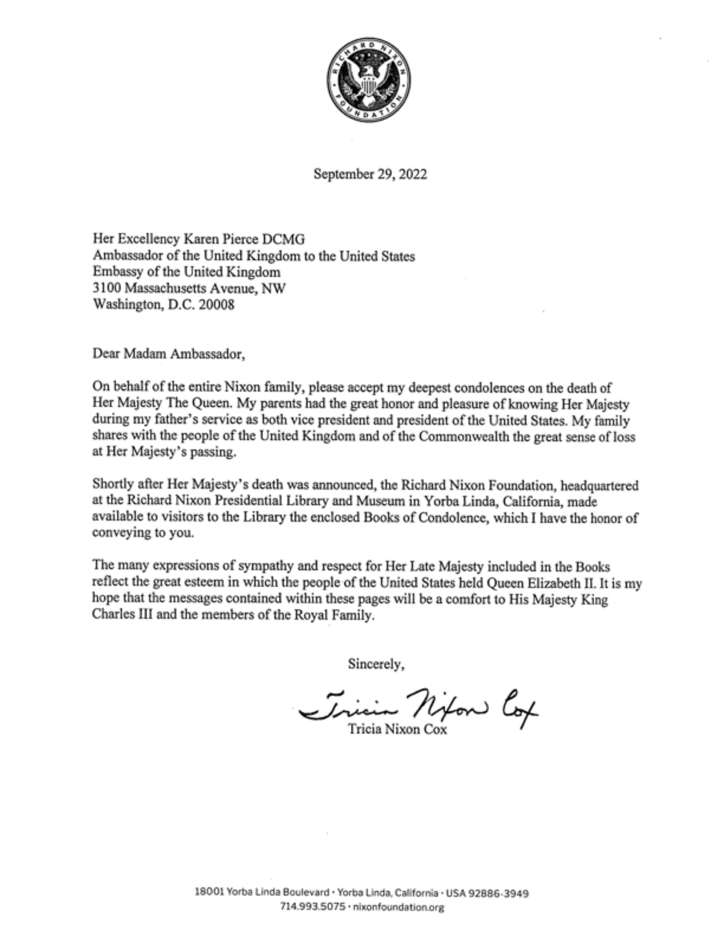 Letter to the British Ambassador from the Nixon Family by Nixon ...