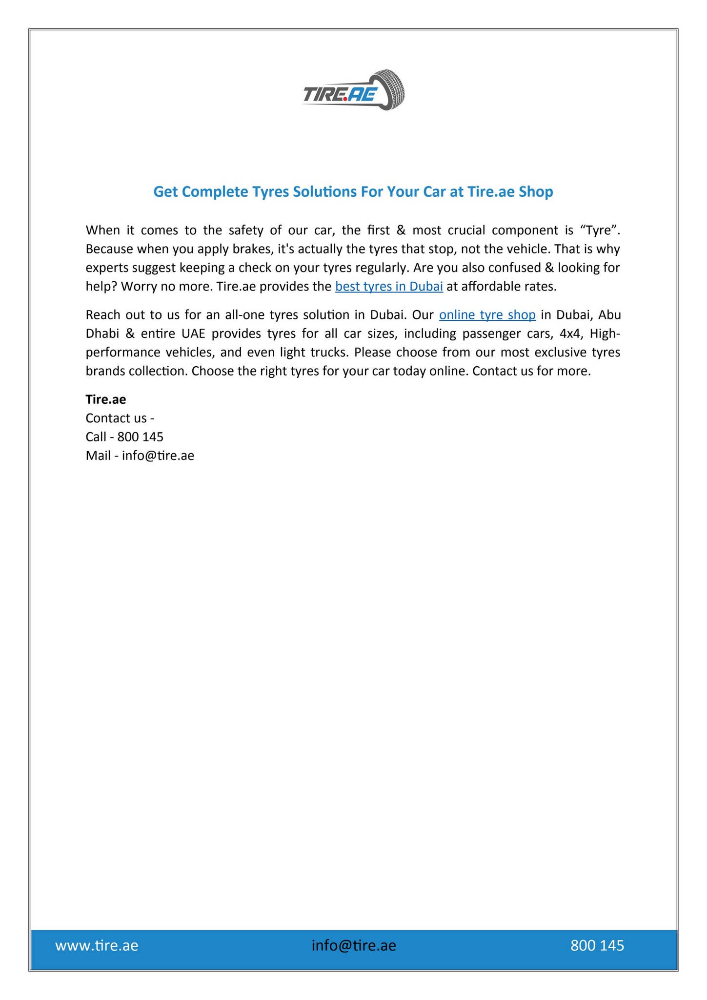 Get Complete Tyres Solutions For Your Car at Tire.ae Shop by Tire. Ae ...