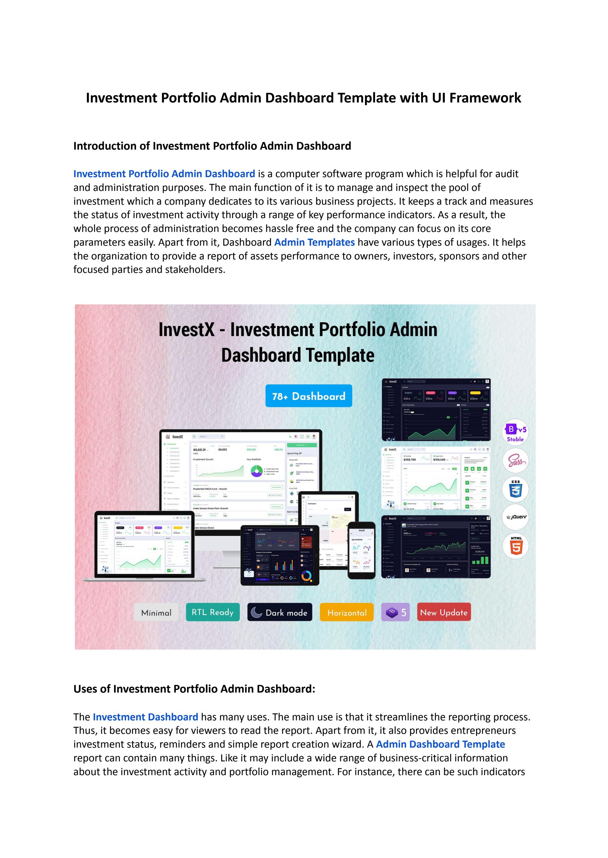 Investment Portfolio Admin Dashboard Template with UI Framework by ...