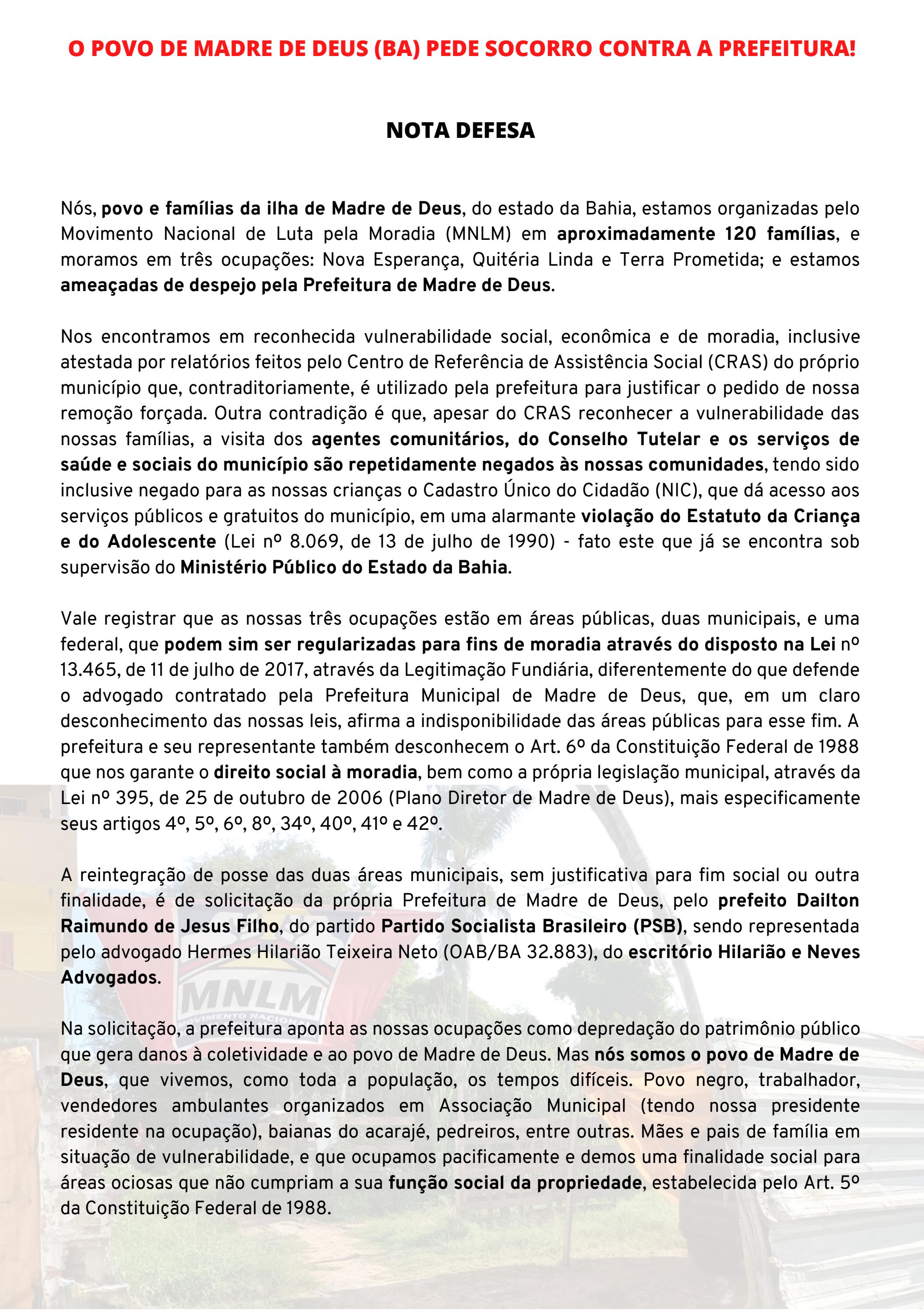 MNLM _ Famílias de Madre de Deus (Ba) pedem socorro contra a prefeitura ...