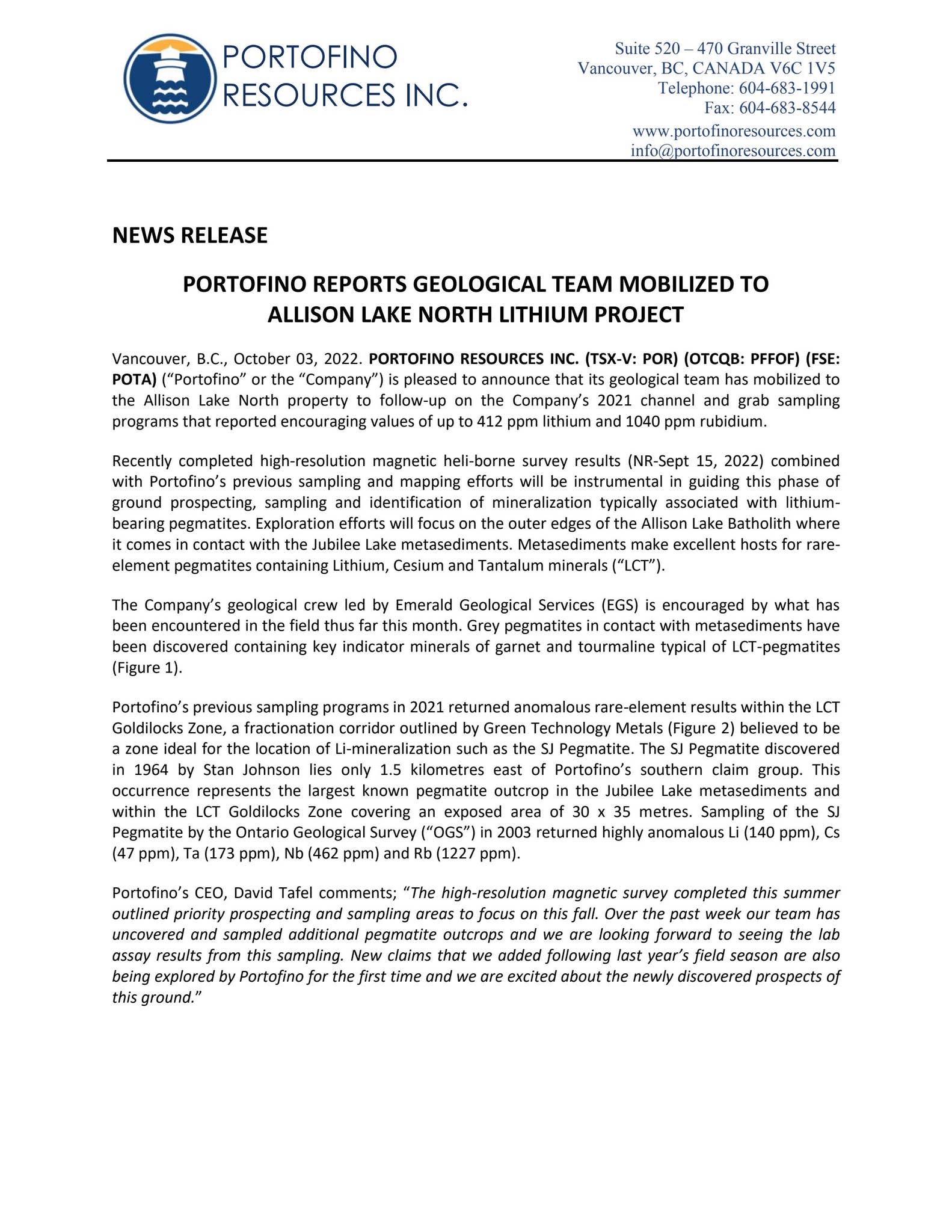 LITHIUM - PORTOFINO REPORTS GEOLOGICAL TEAM MOBILIZED by CFX Network ...