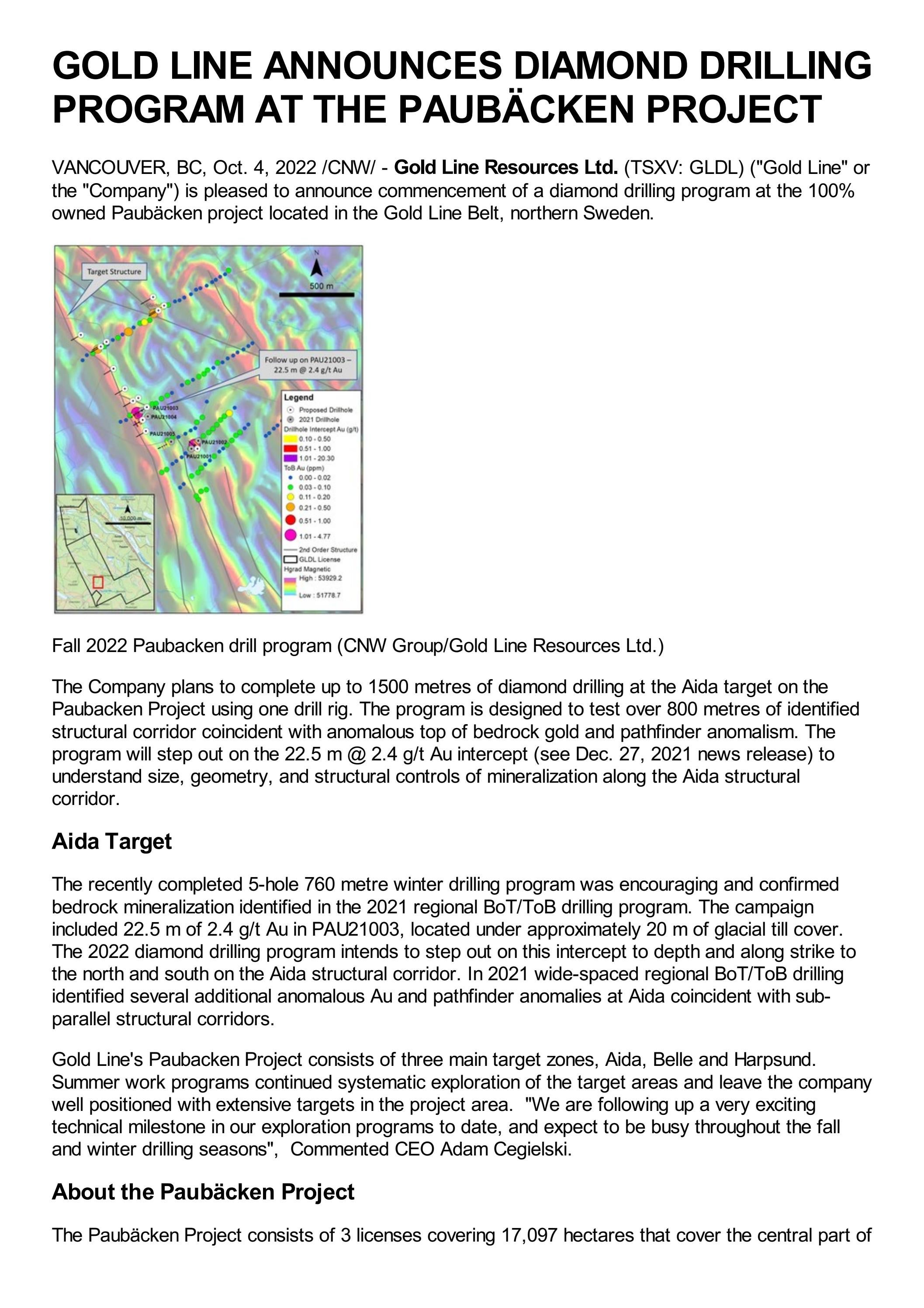GOLD - GOLD LINE ANNOUNCES DIAMOND DRILLING by CFX Network, LLC - Issuu