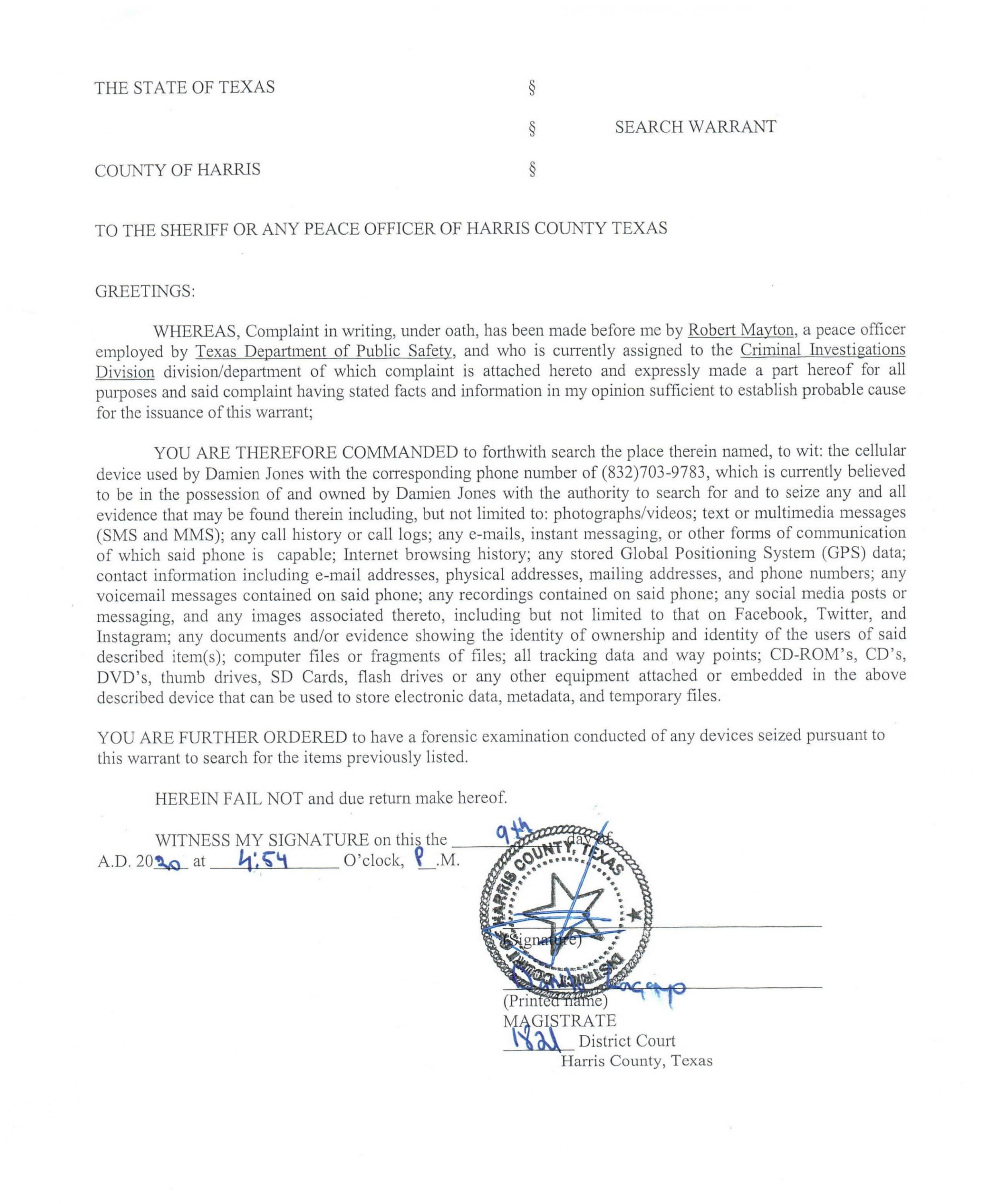 Bogus Search Warrant Used to Seize the Cell Phone of Damien Thaddeus ...