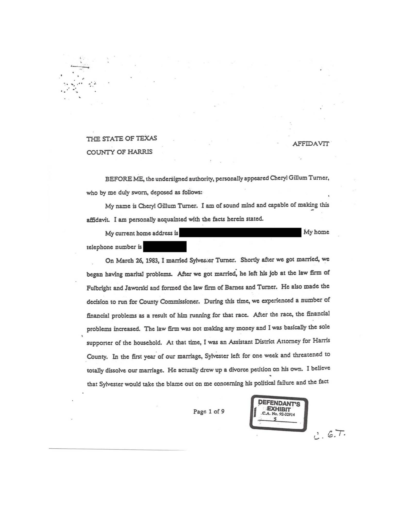 Affidavit of Cheryl Gillum Turner that Was Sworn to Under Penalty of ...