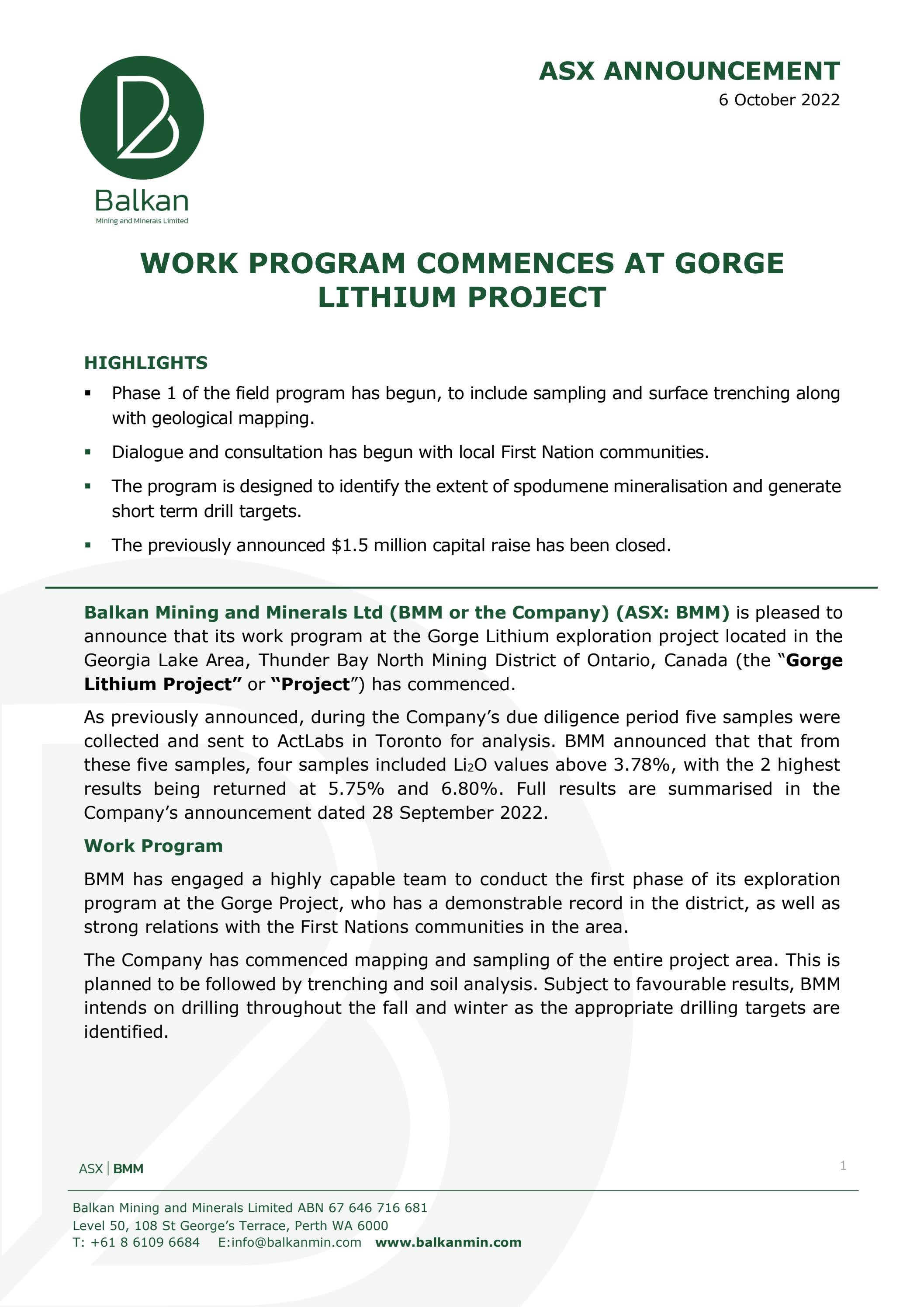 LITHIUM - WORK PROGRAM COMMENCES AT GORGE LITHIUM PROJECT by CFX ...