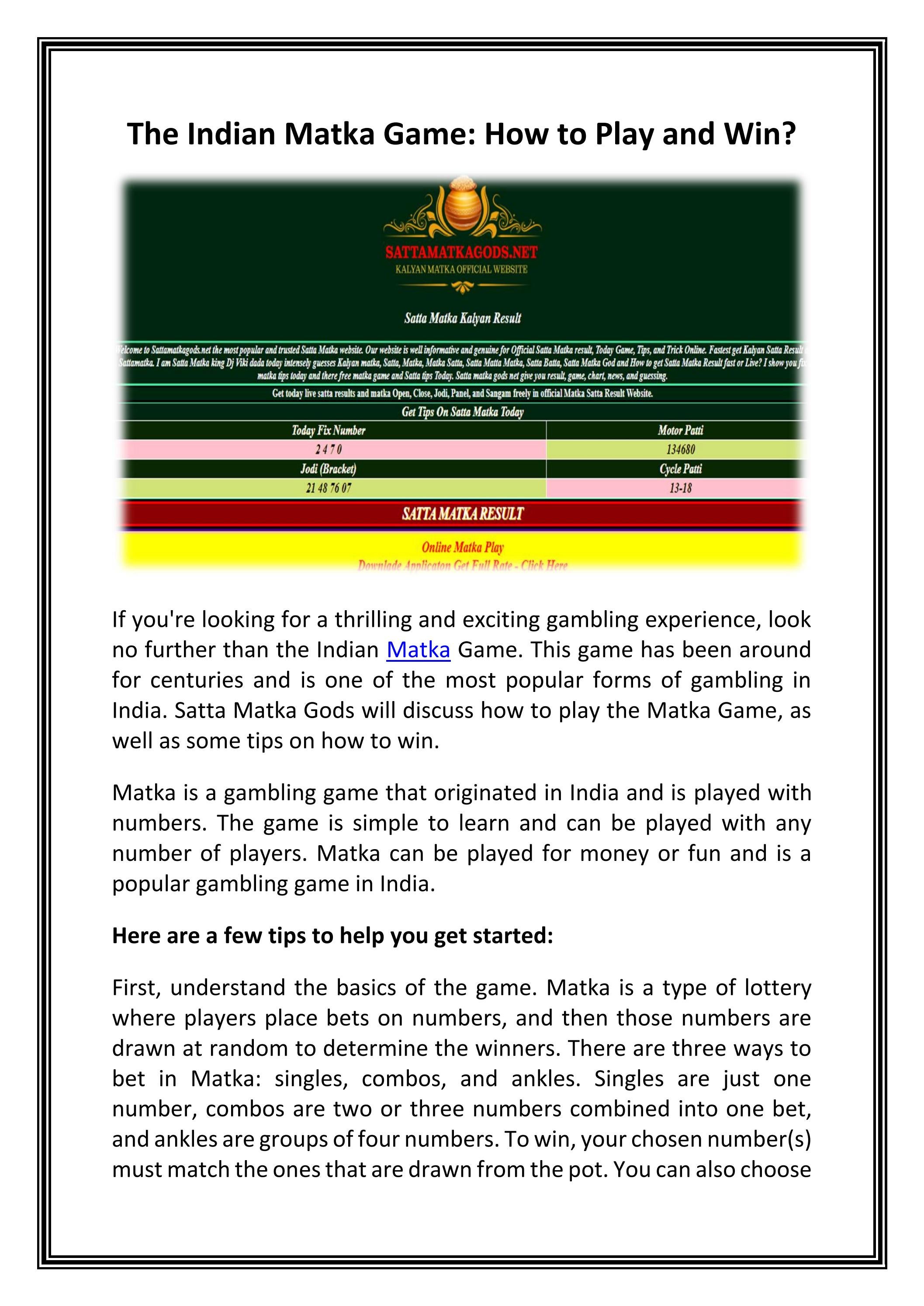 The Indian Matka Game: How to Play and Win? by Jackey Paual - Issuu