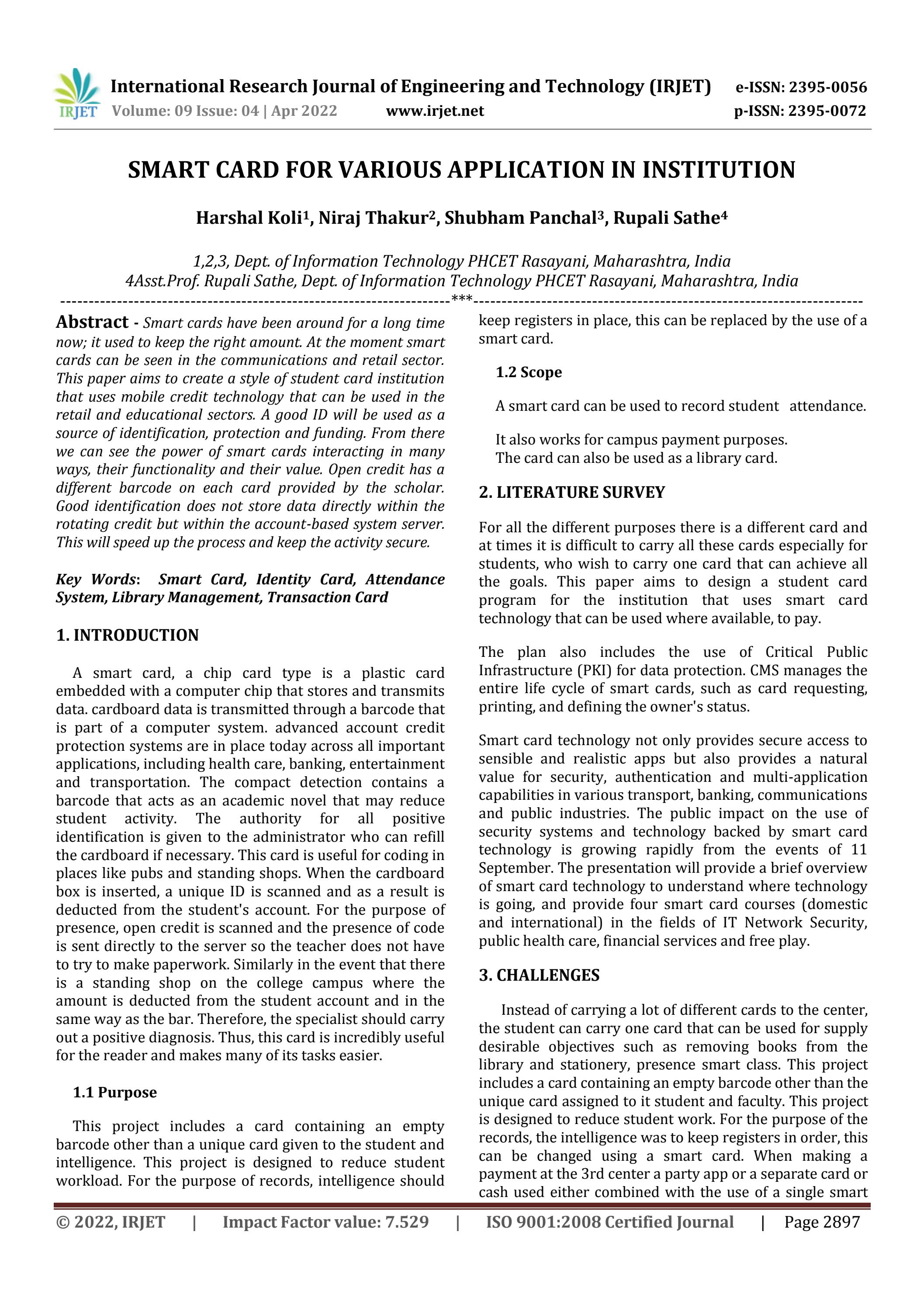 SMART CARD FOR VARIOUS APPLICATION IN INSTITUTION by IRJET Journal - Issuu