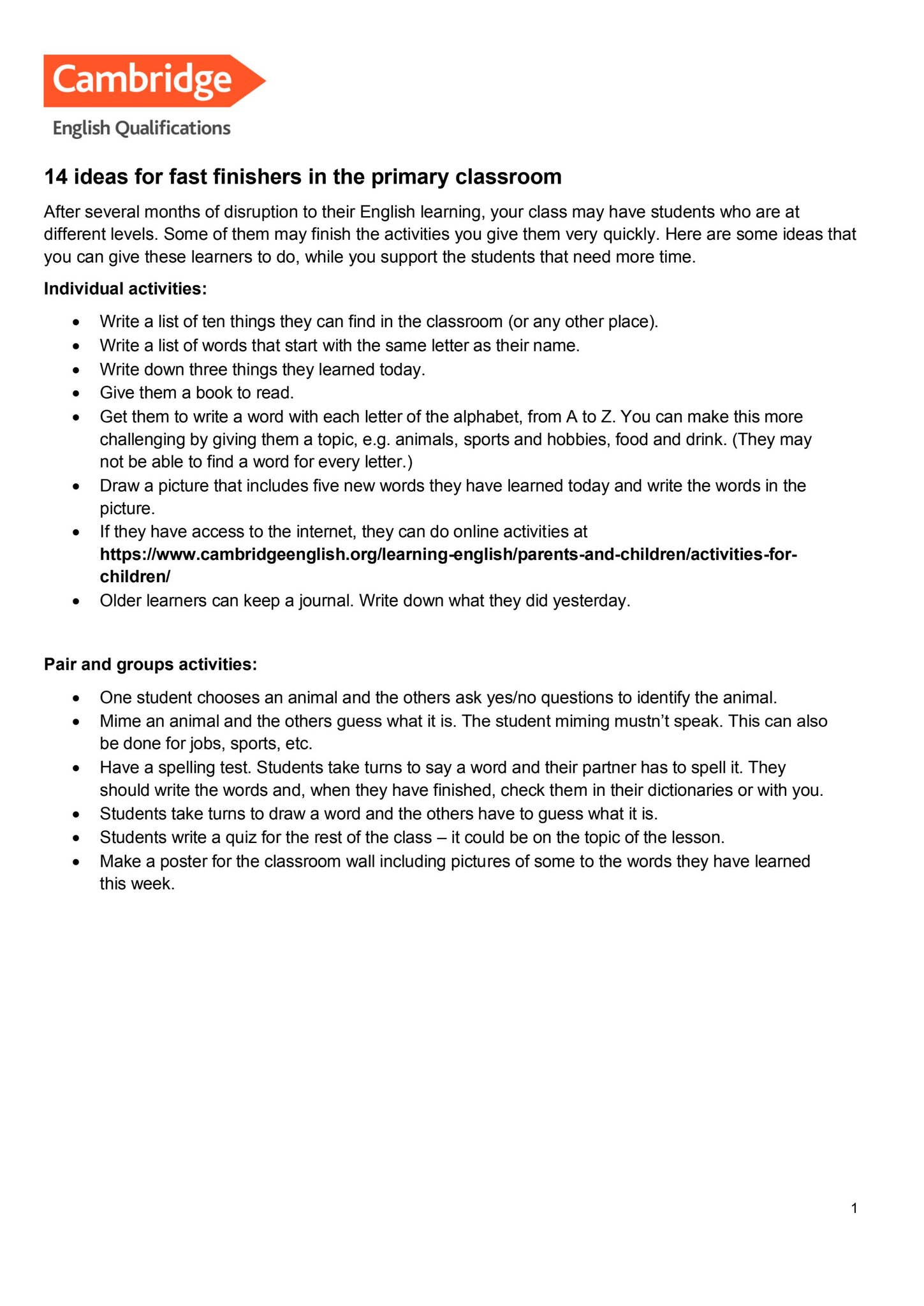 14 ideas for fast finishers in the primary classroom by Cambridge ...