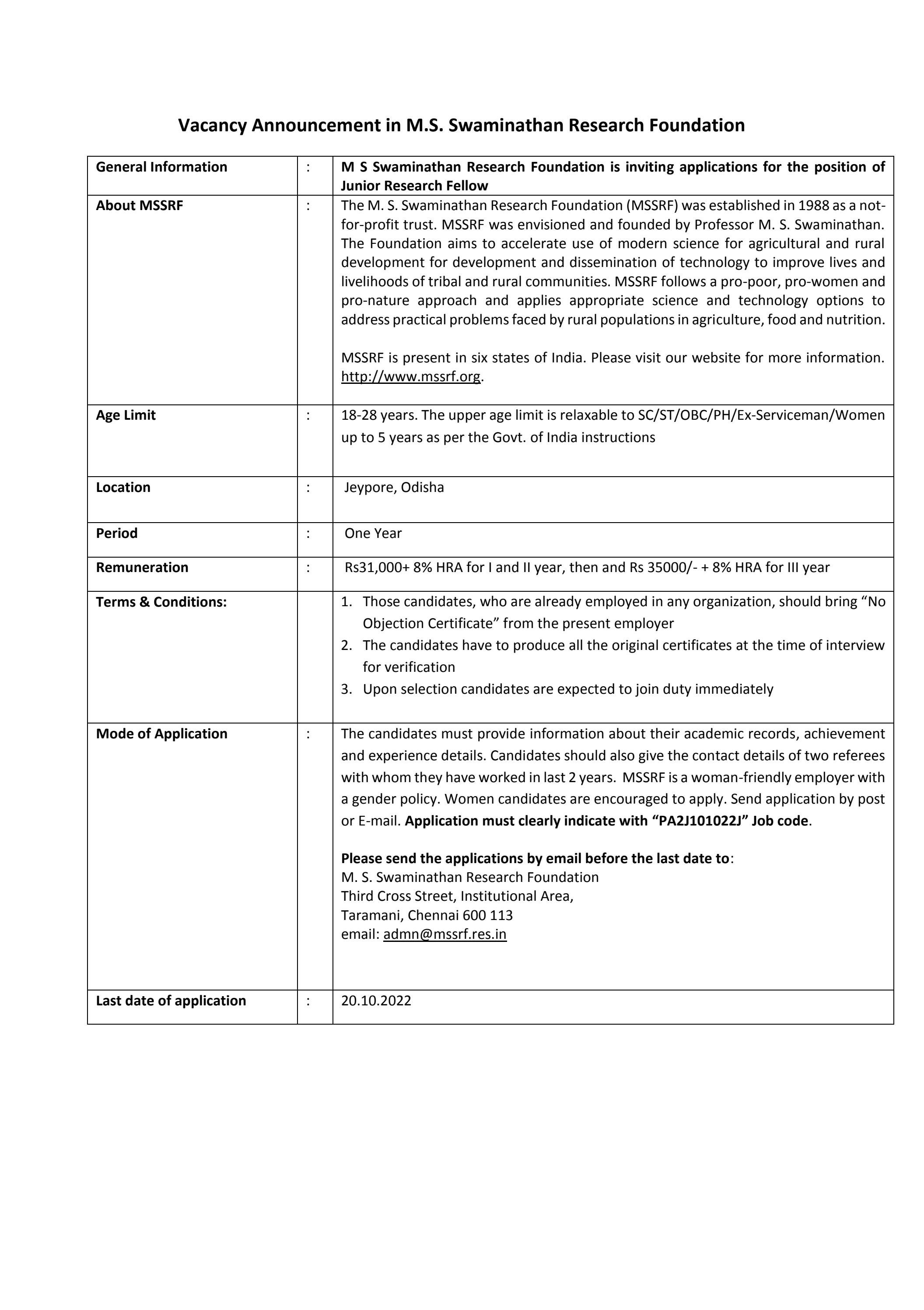 MSSRF MSc Microbiology & Agriculture JRF Job Opening, Applications ...
