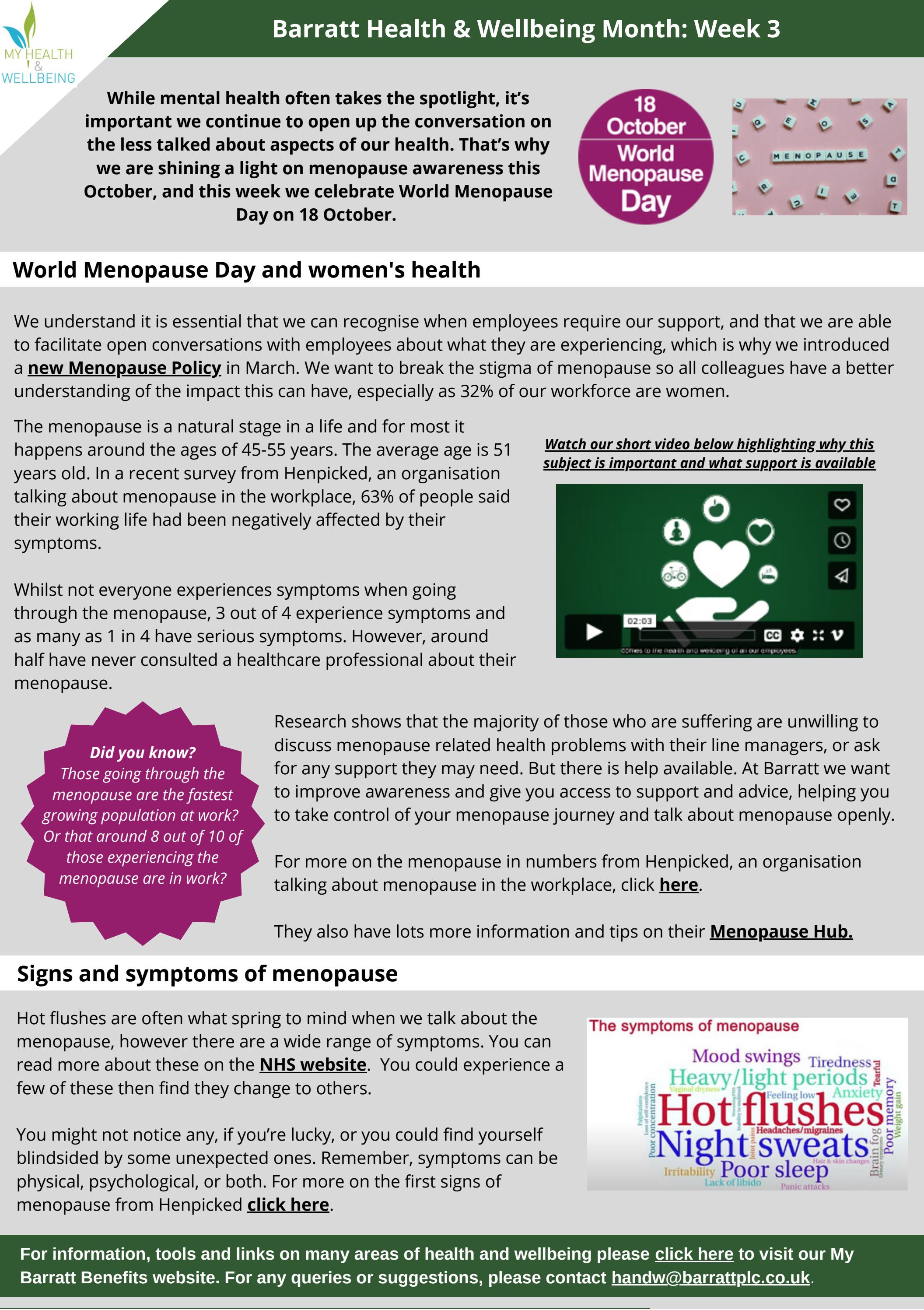 Health and wellbeing month newsletter - Week 3 World Menopause Day and ...