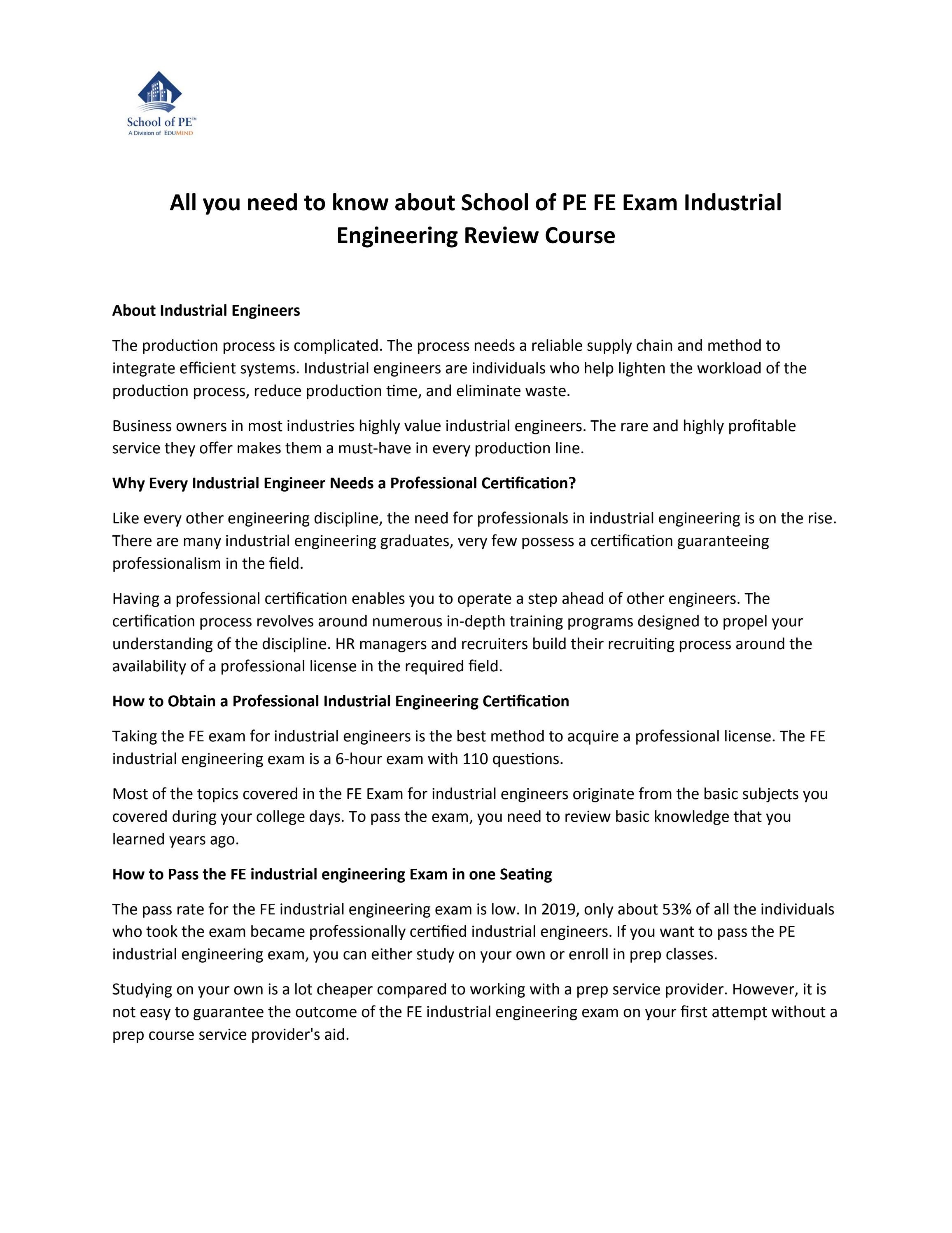 All you need to know about School of PE FE Exam Industrial Engineering ...