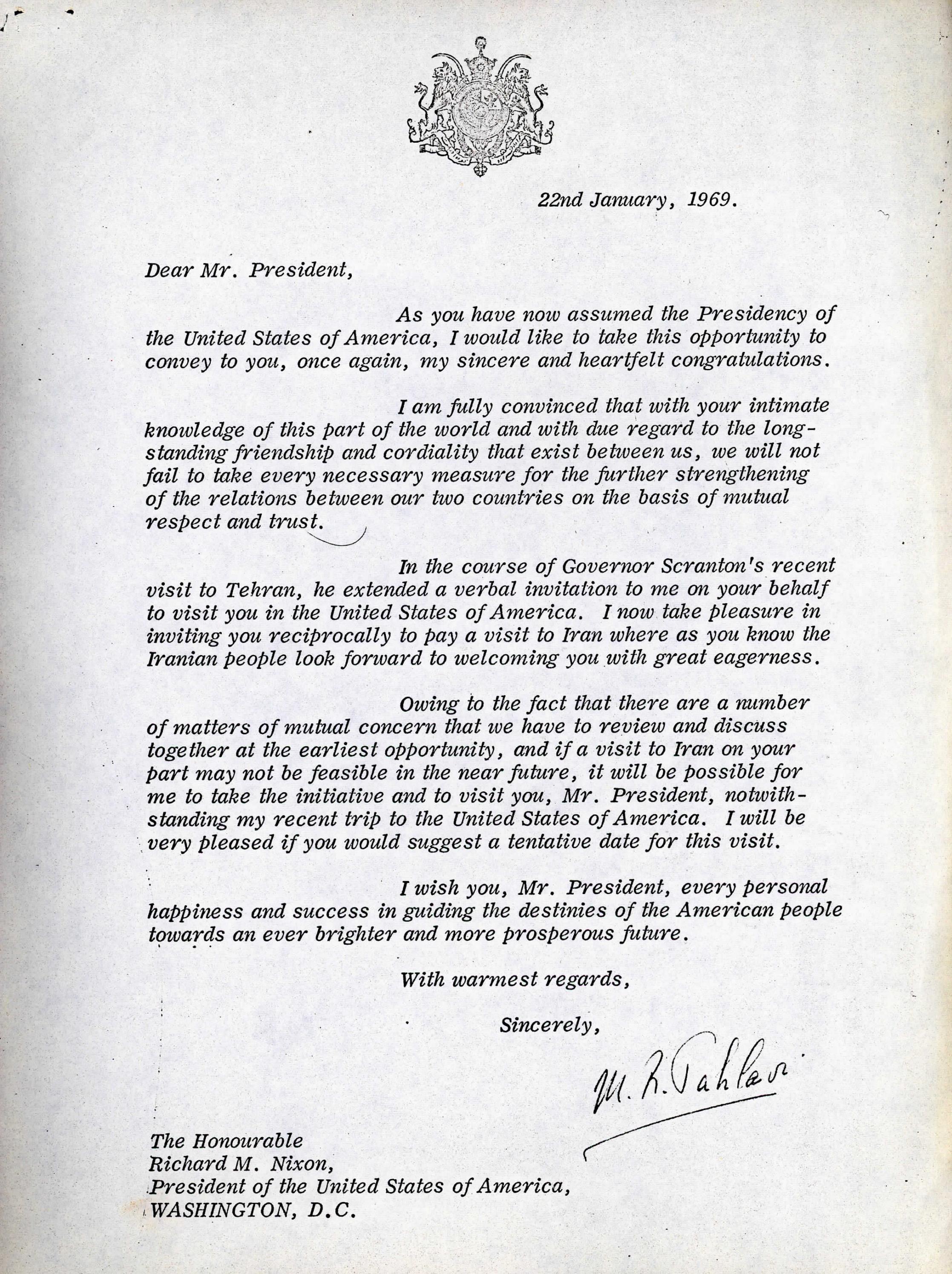 Letter from the Shah to President Nixon, January 22, 1969 by Nixon ...