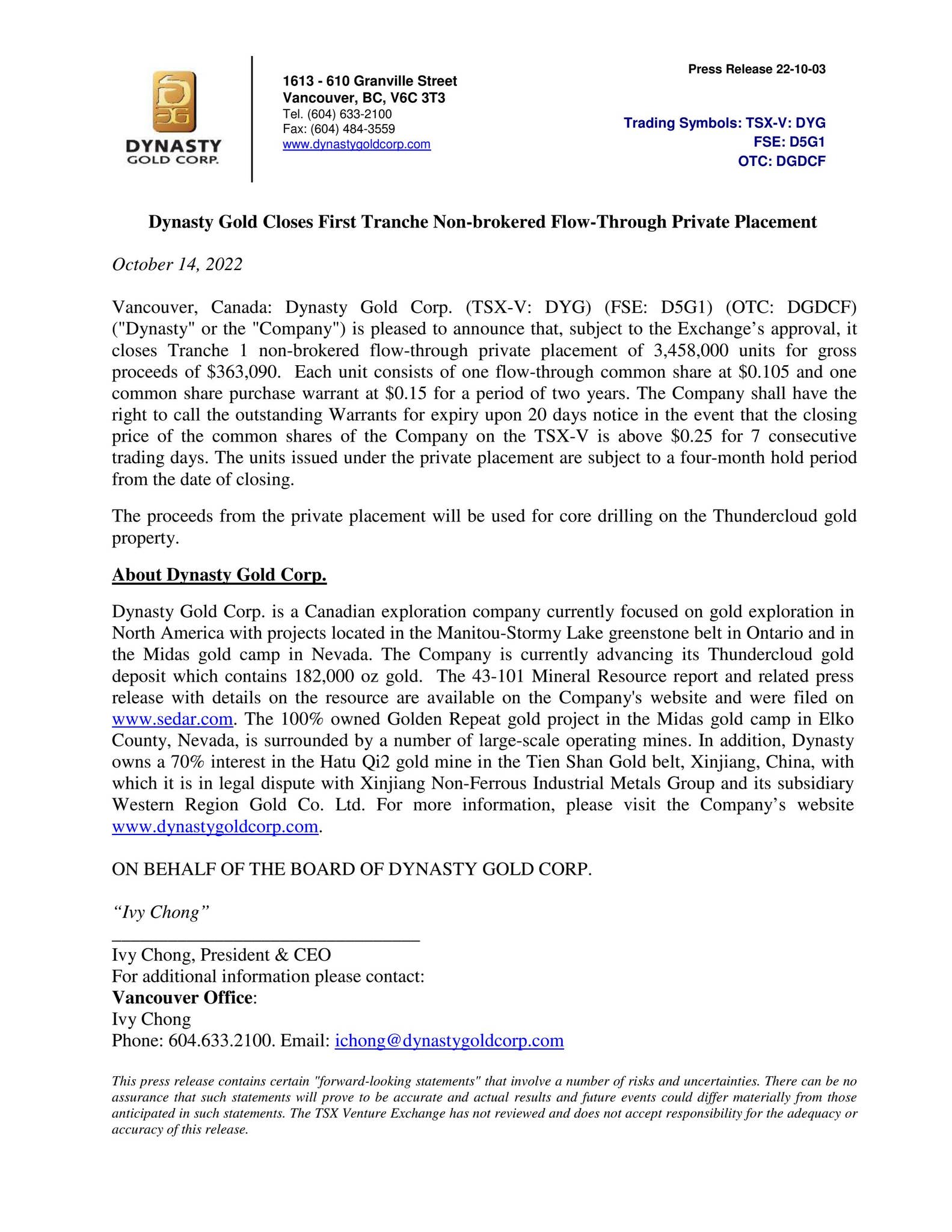 GOLD - Dynasty Gold Closes First Tranche Non-brokered Flow-Through ...