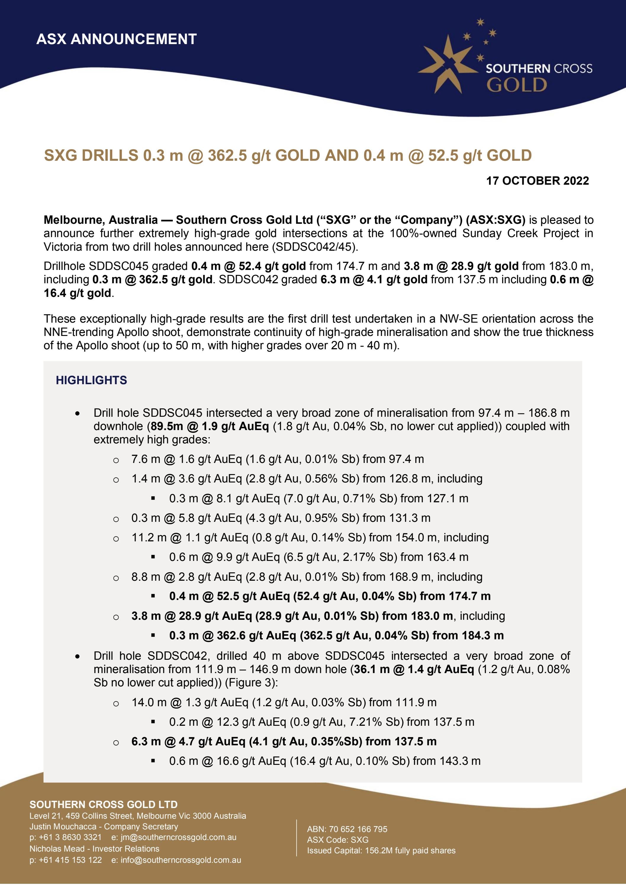 SXG DRILLS 0.3 m @ 362.5 g/t GOLD AND 0.4 m @ 52.5 g/t GOLD by CFX ...