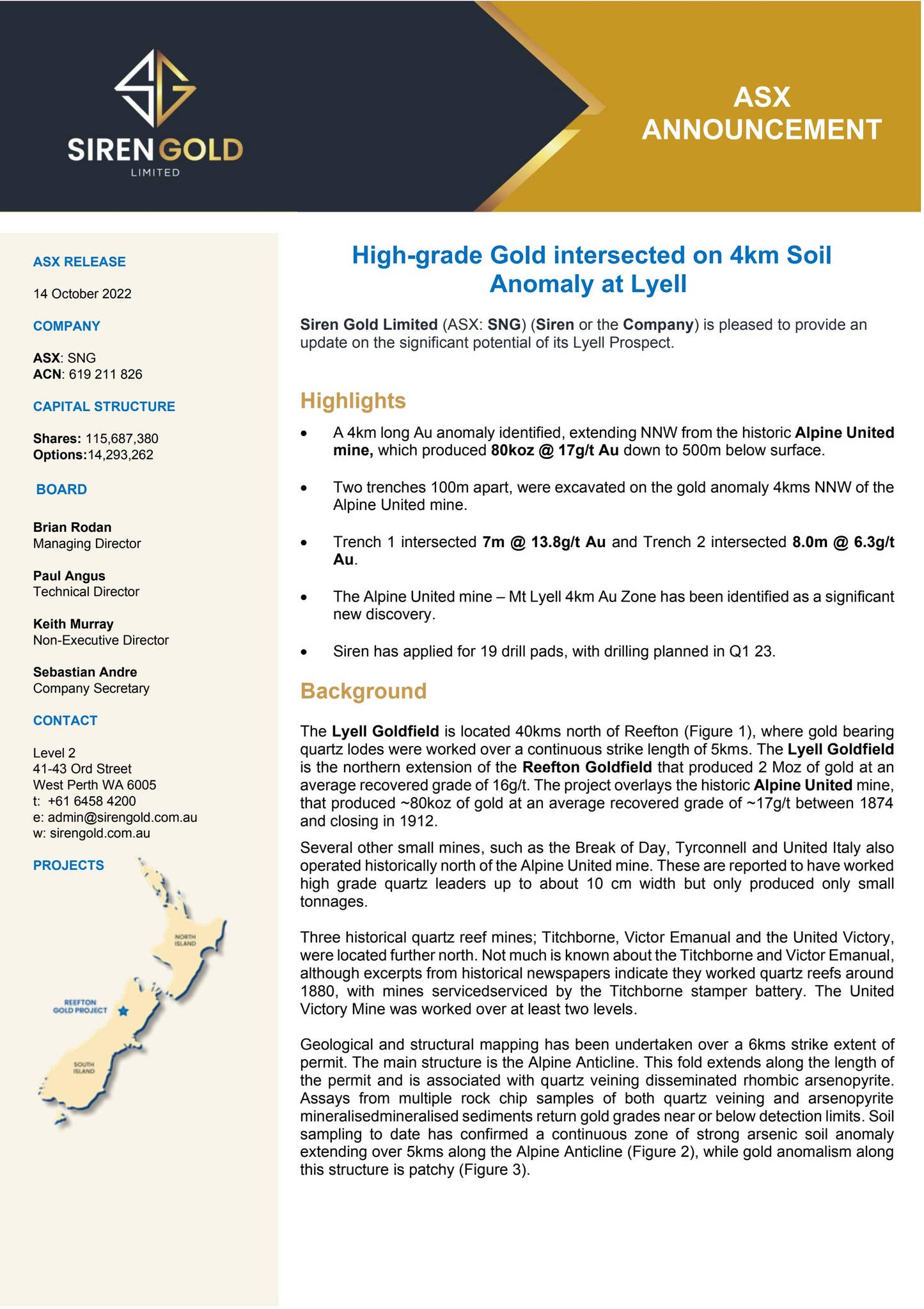 High-grade Gold intersected on 4km Soil Anomaly at Lyell by CFX Network ...