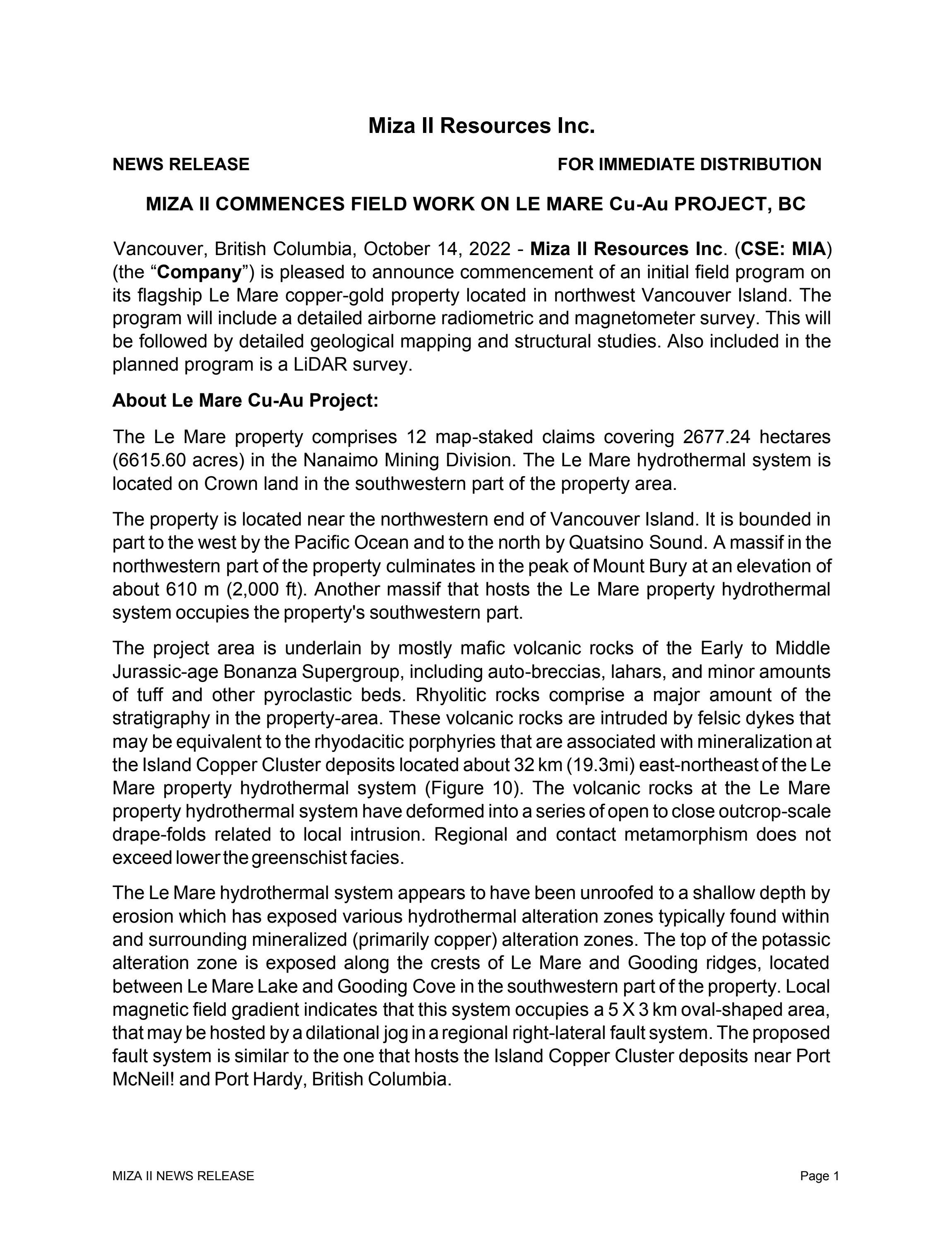 MIZA II COMMENCES FIELD WORK ON LE MARE Cu-Au PROJECT, BC by CFX ...