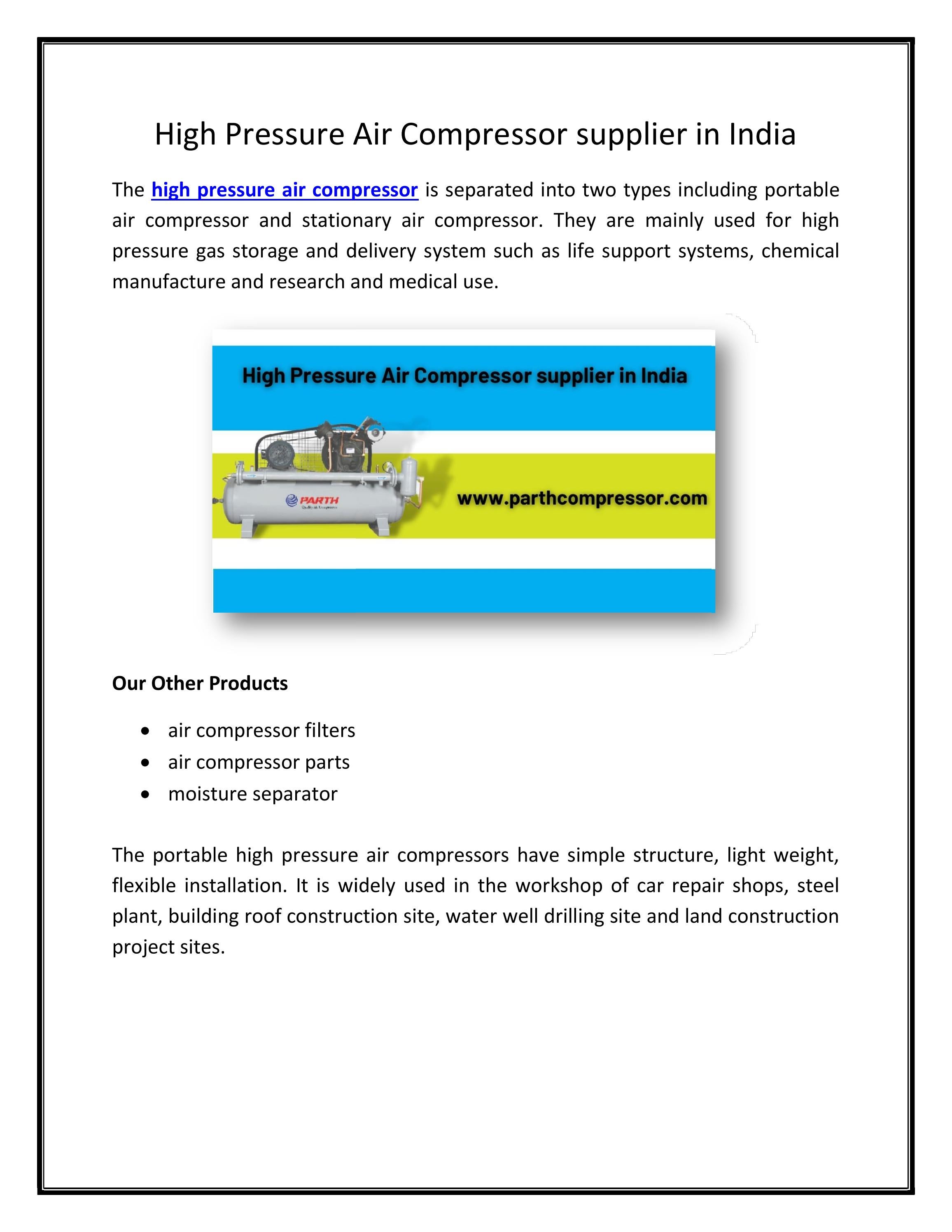 High Pressure Air Compressor supplier in India by Parth Compressor - Issuu