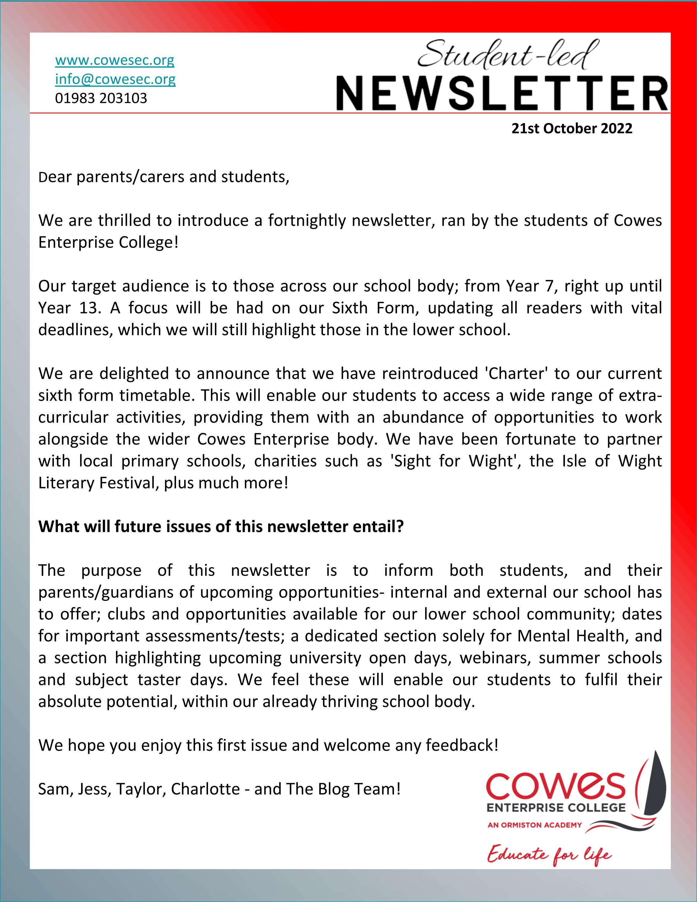 Student-Led Newsletter 21.10.2022 by Cowes Enterprise College - Issuu