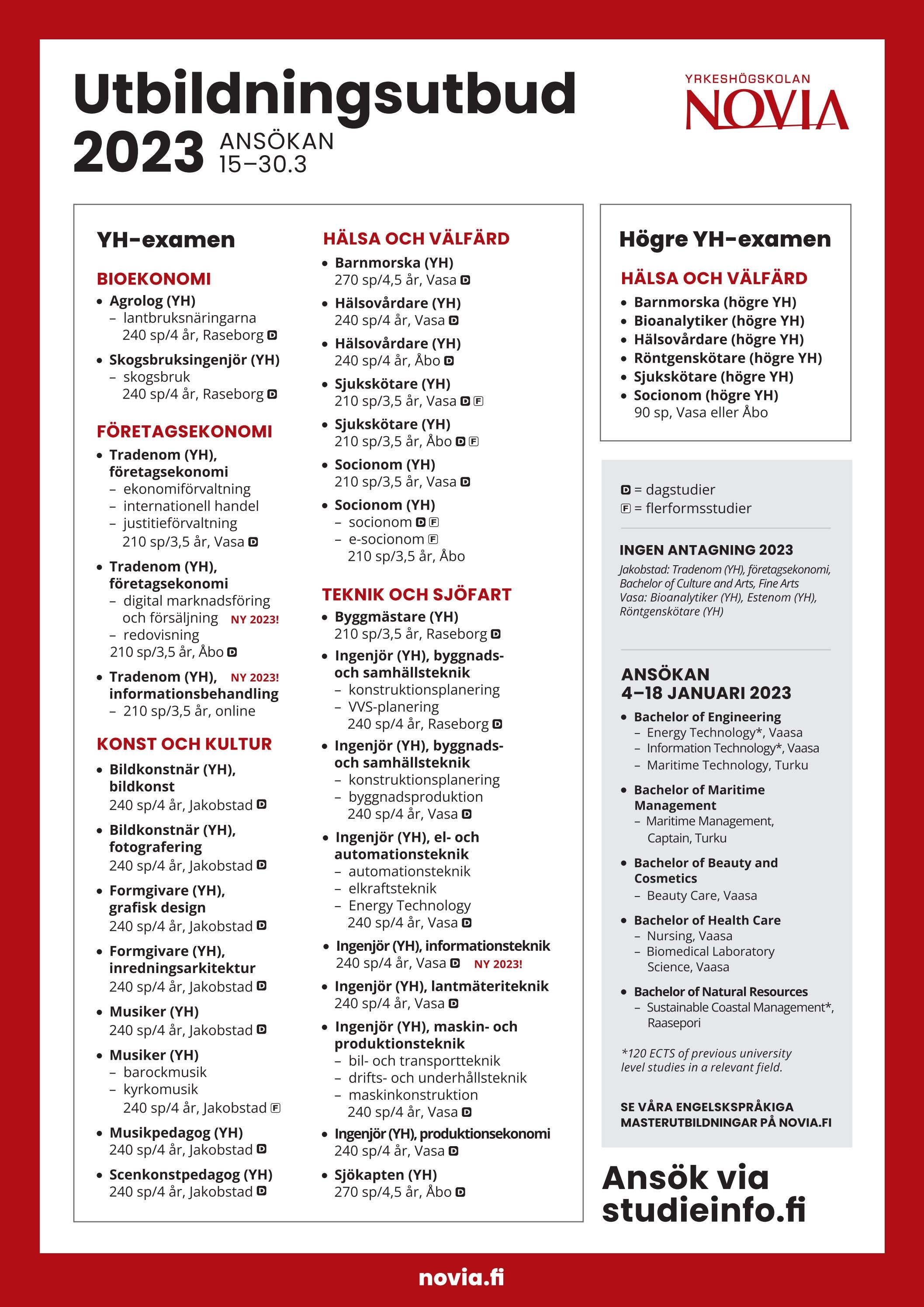 Utbildningsutbud 2023 by Yrkeshögskolan Novia - Novia UAS - Issuu
