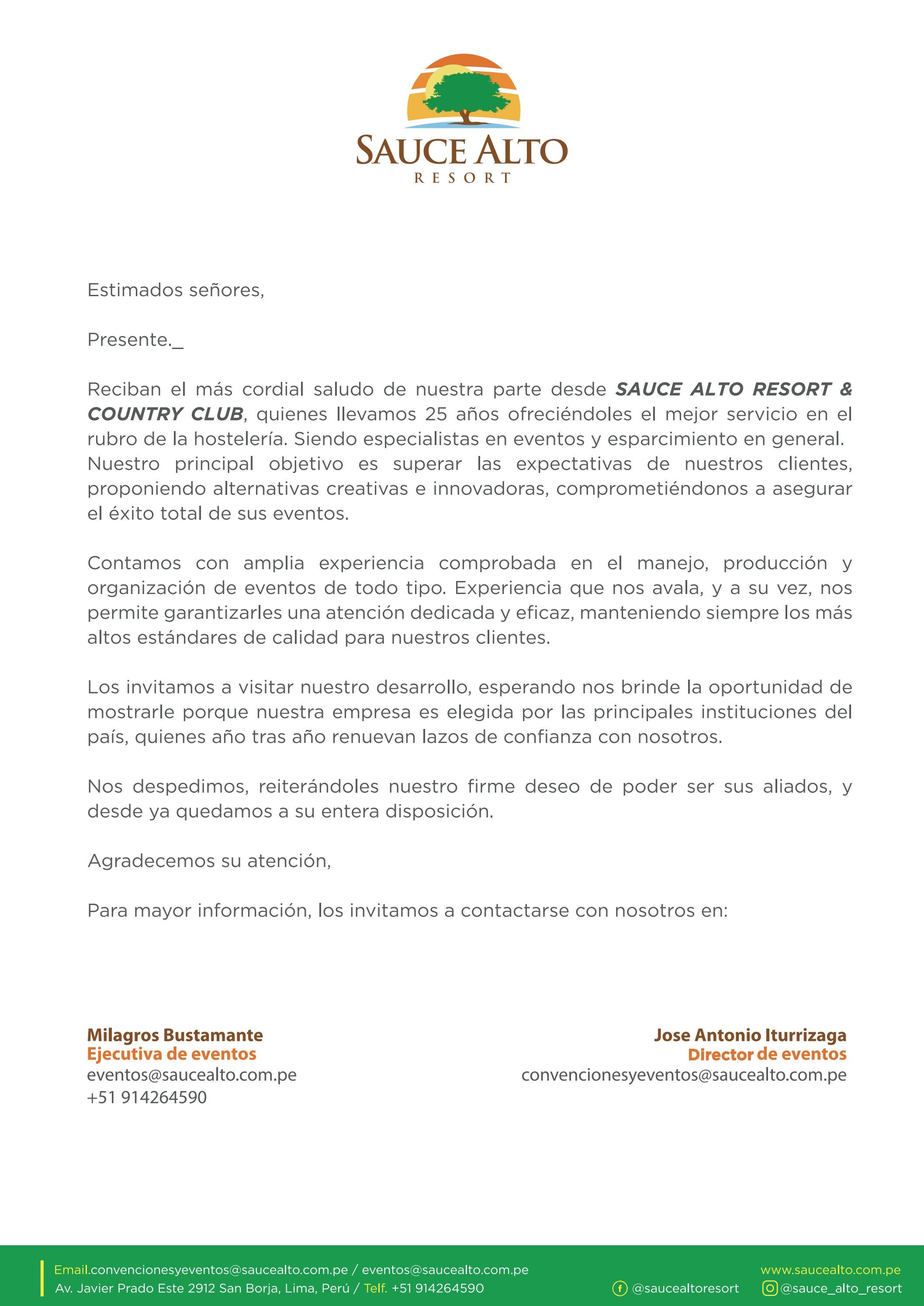 Carta de presentación de Eventos Sauce Alto Resort by Sauce Alto Resort ...