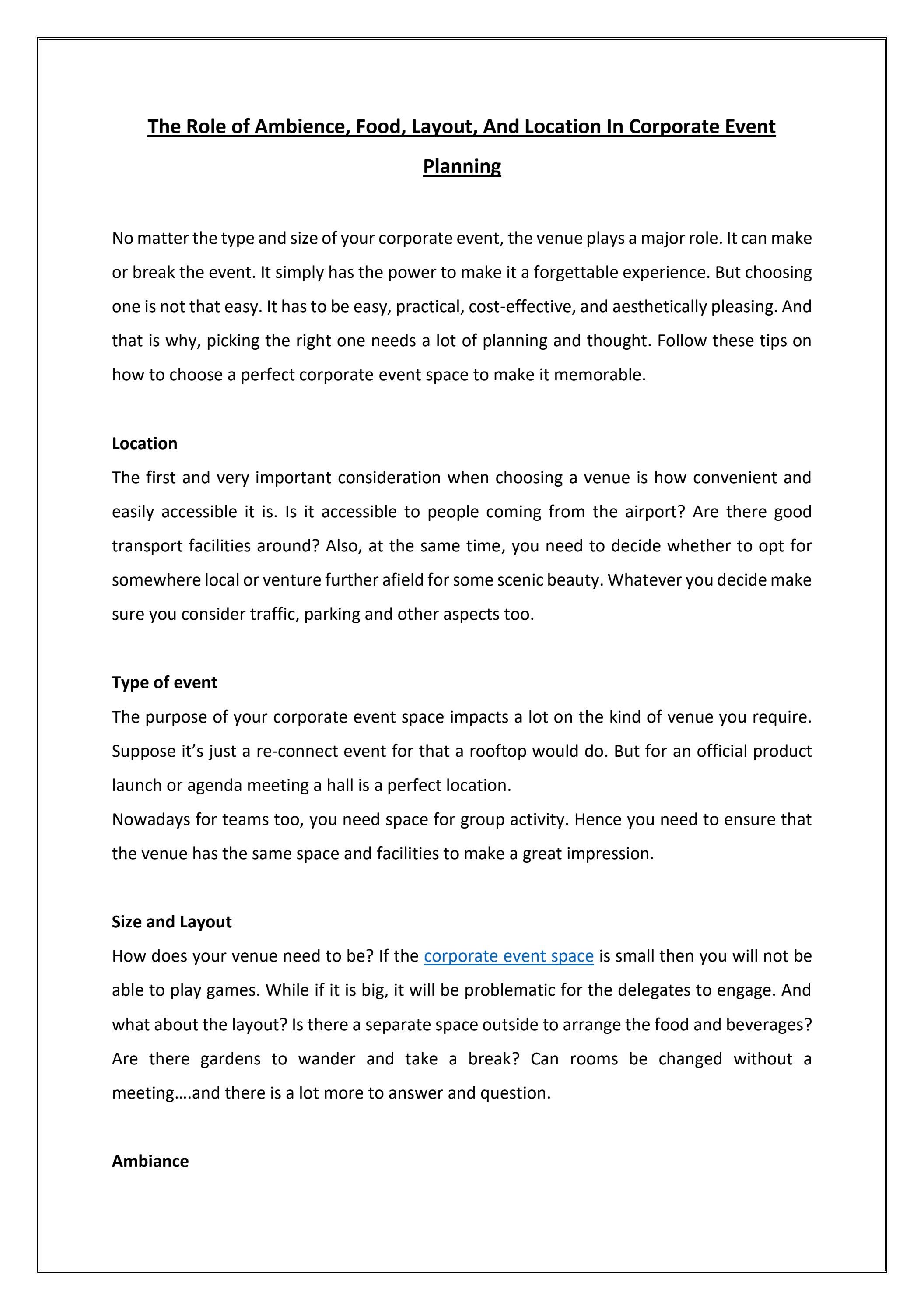 The Role Of Ambience Food Layout And Location In Corporate Event 