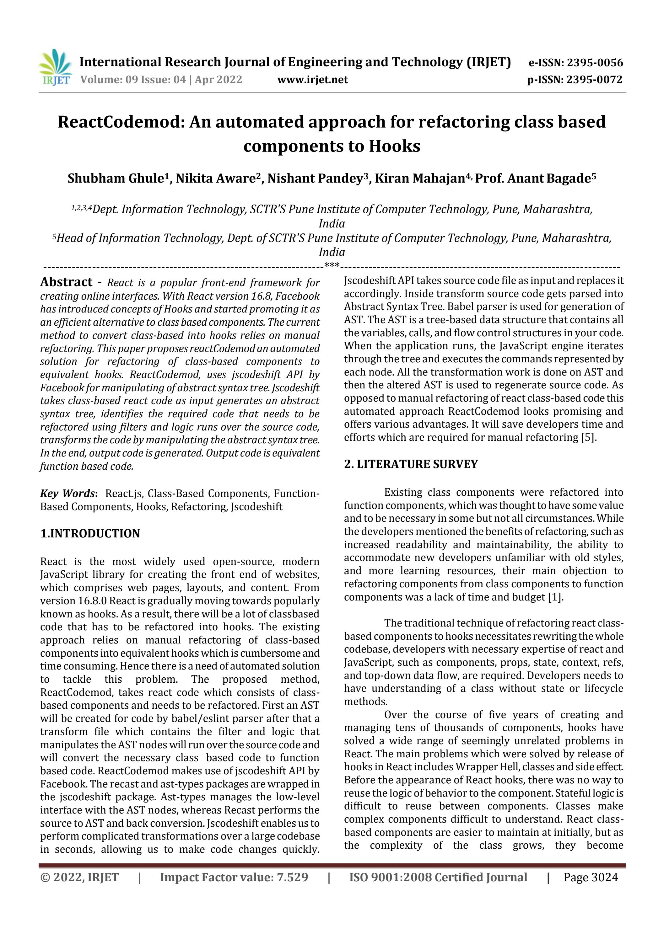 ReactCodemod: An automated approach for refactoring class based components to Hooks by IRJET ...