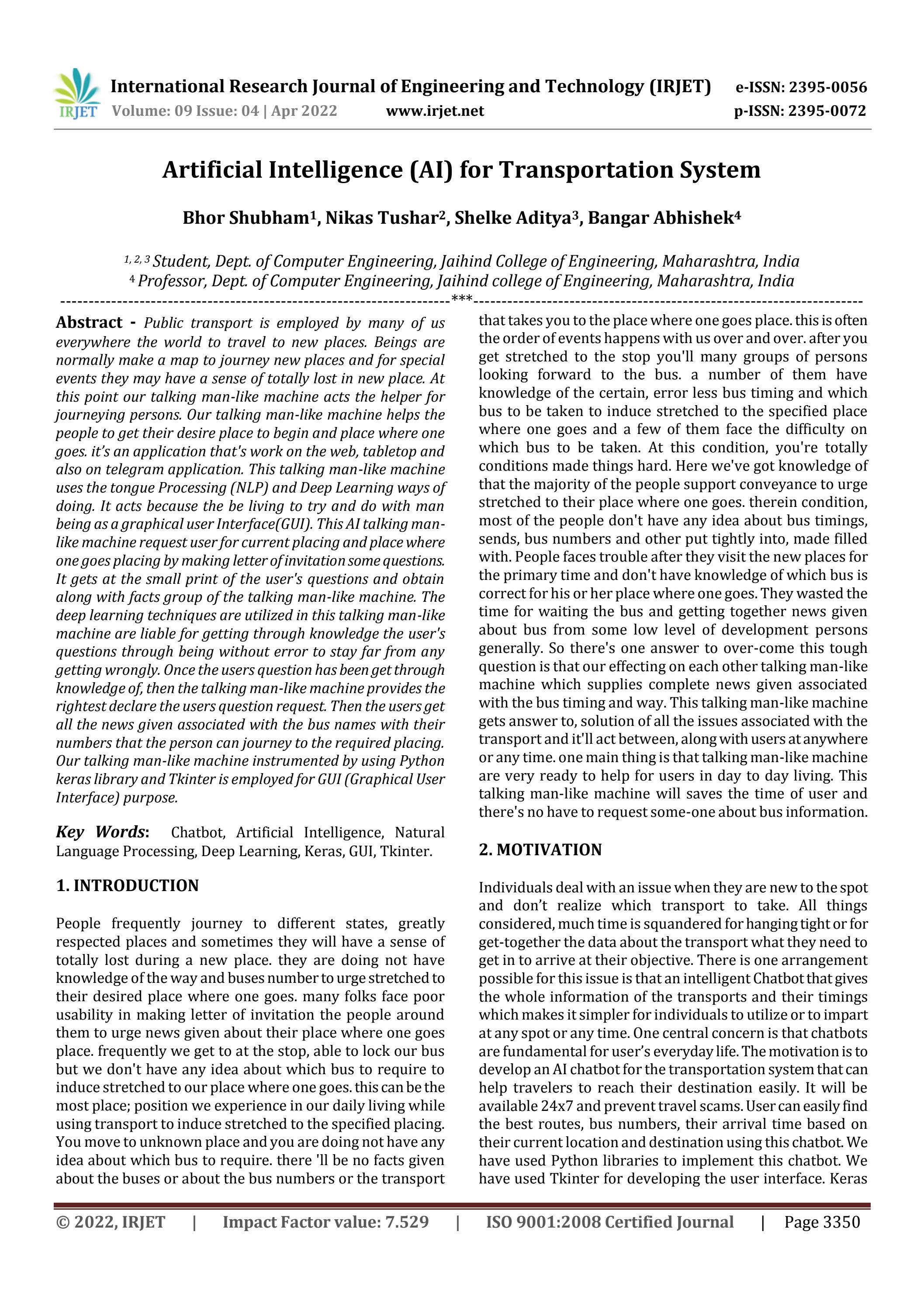 Artificial Intelligence (AI) for Transportation System by IRJET Journal - Issuu