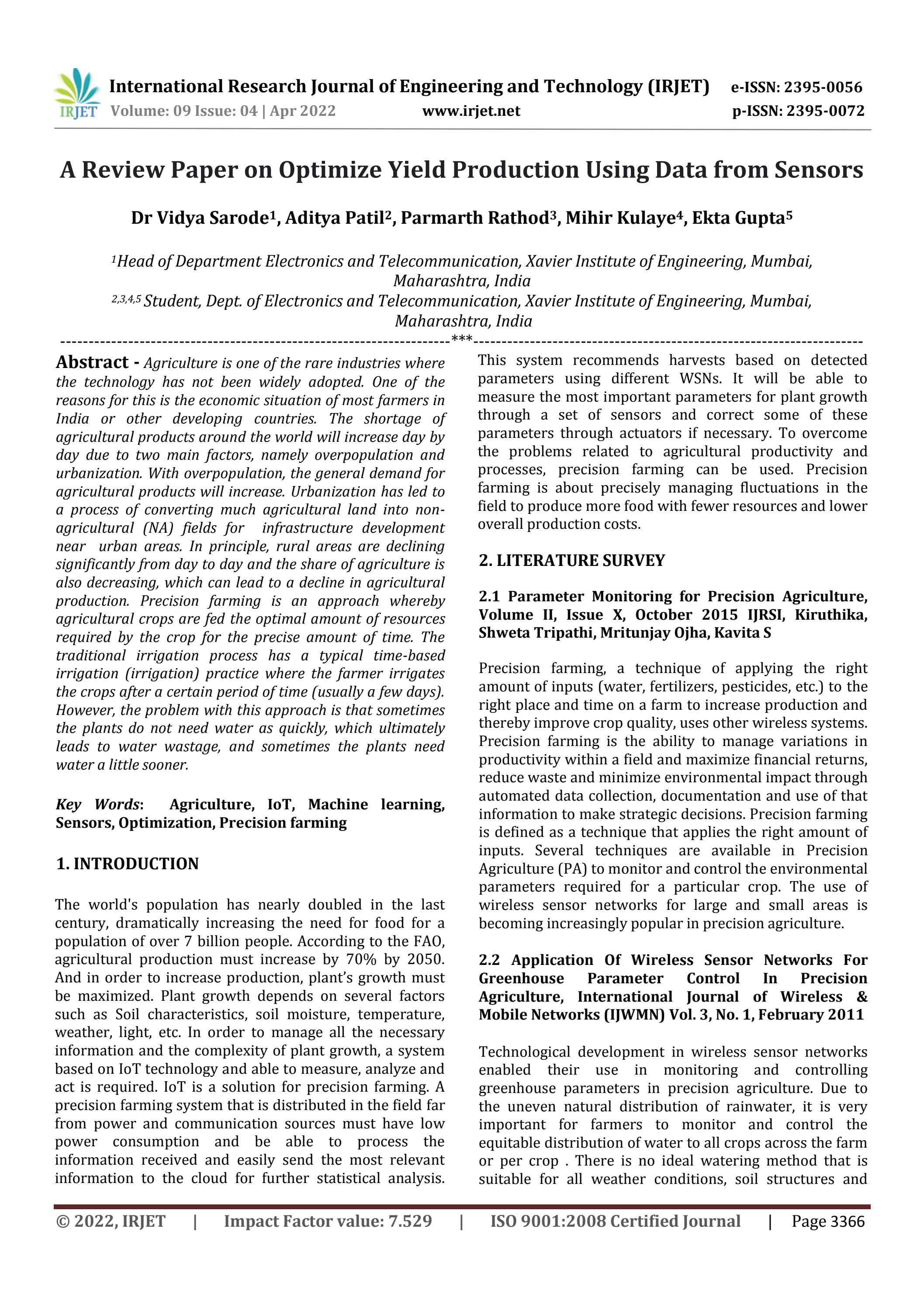 A Review Paper on Optimize Yield Production Using Data from Sensors by ...
