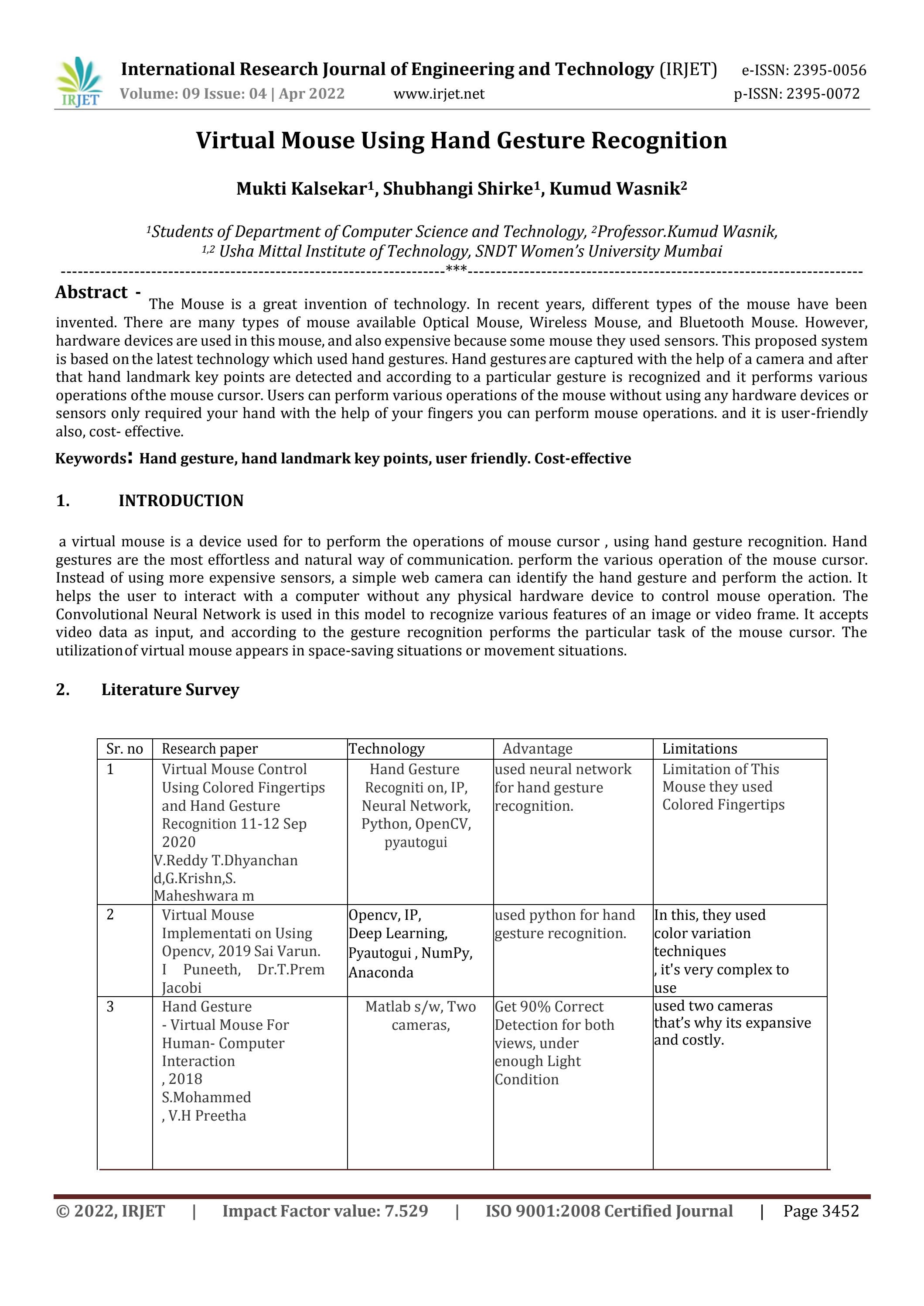 Virtual Mouse Using Hand Gesture Recognition by IRJET Journal - Issuu