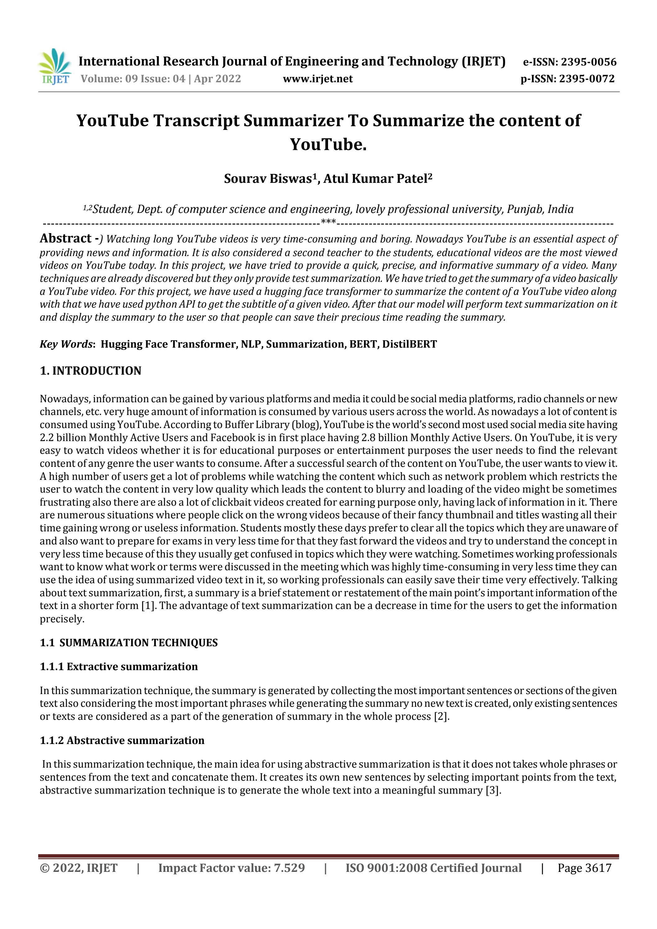 YouTube Transcript Summarizer To Summarize the content of YouTube. by IRJET Journal - Issuu