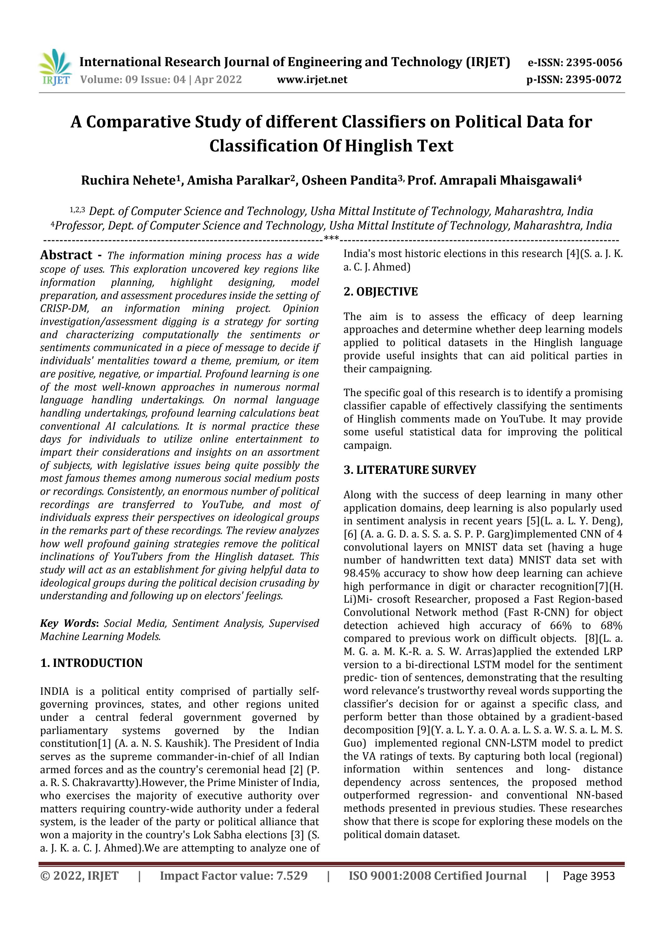 A Comparative Study of different Classifiers on Political Data for Classification Of Hinglish ...